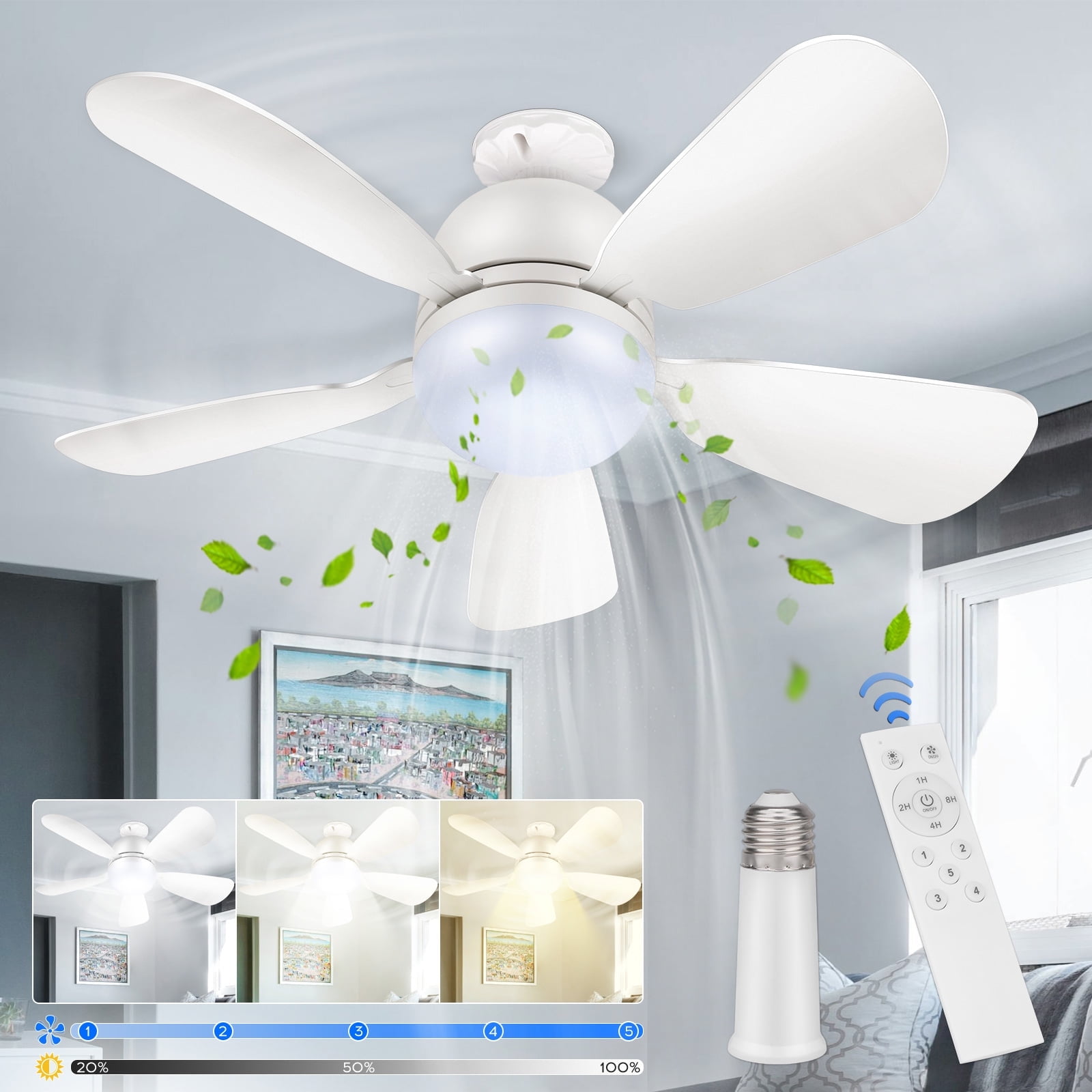OPOLEMIN Socket Ceiling Fan with Light and Remote, Dimmable LED Bulb, 3 ...