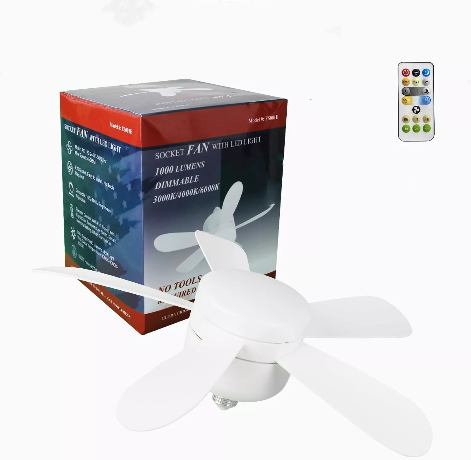 Socket Fan Lights, 16 Inch Ceiling Fans with Lights, Dimmable Remote ...