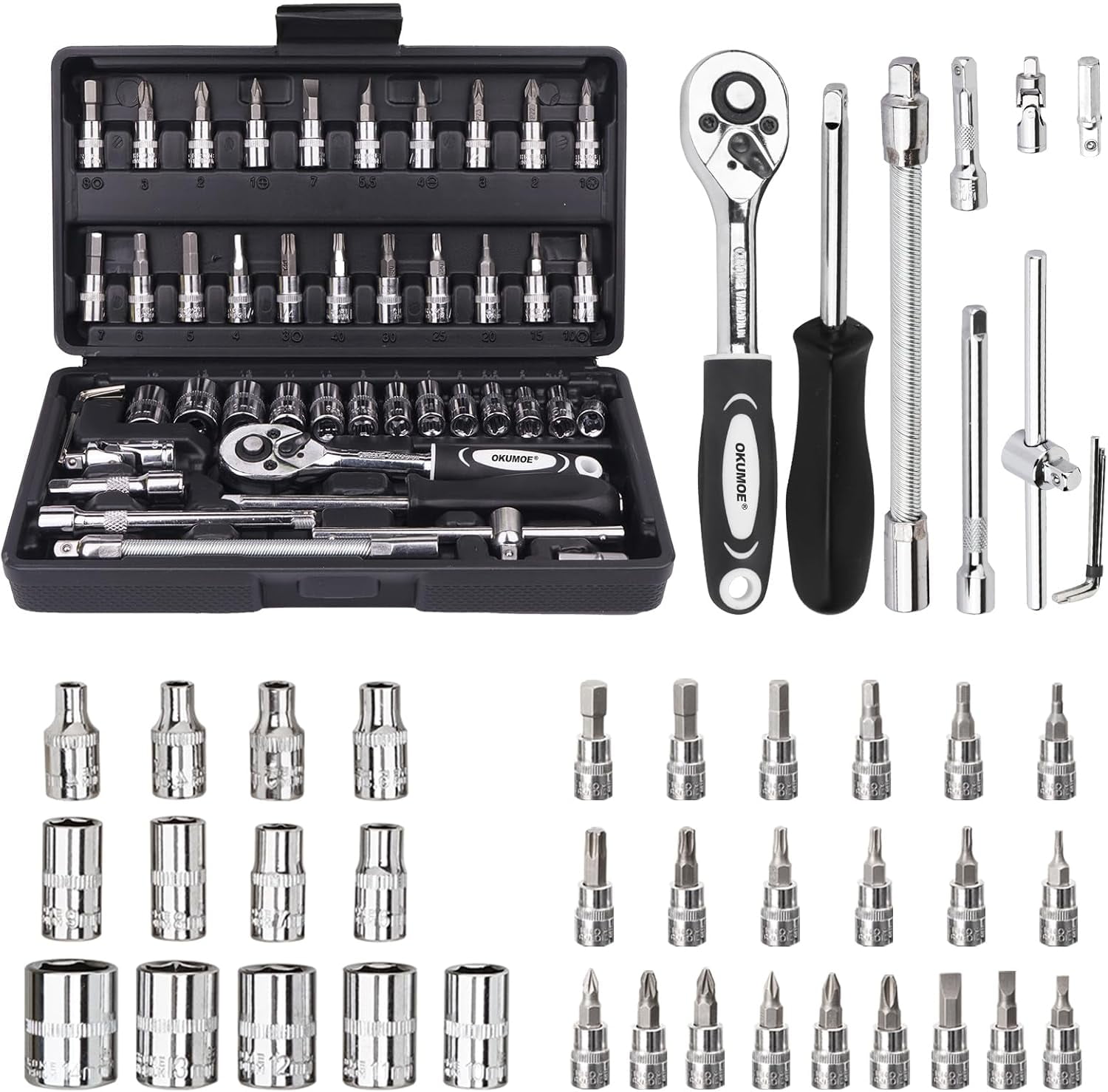 Socket Set, 46PCS 1/4 Inch Wrench Set, Ratchet Wrenches Set with CR-V ...