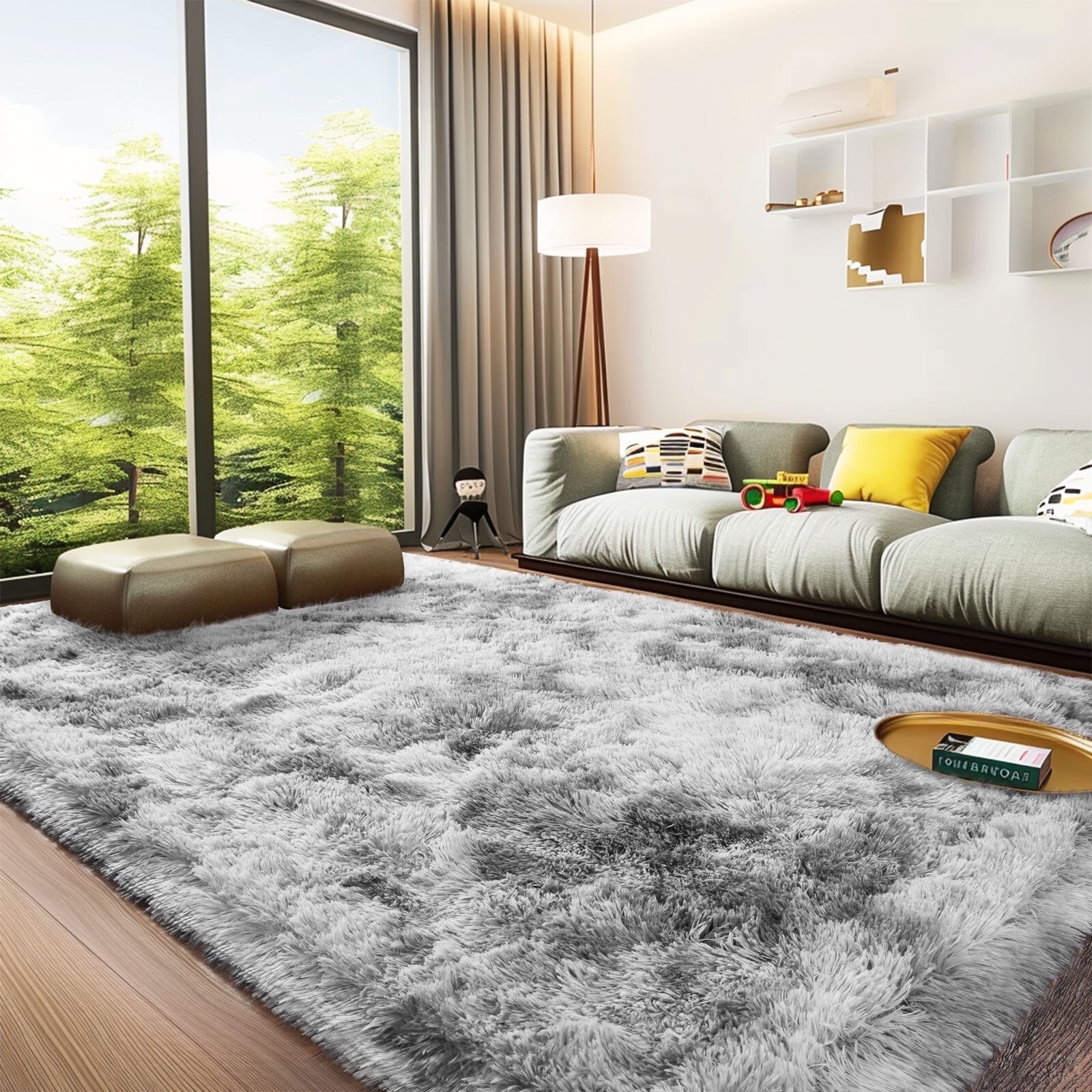 Socofuz 5x7ft Tie-dye Grey Fluffy Rug Non-Slip Plush Indoor Floor ...