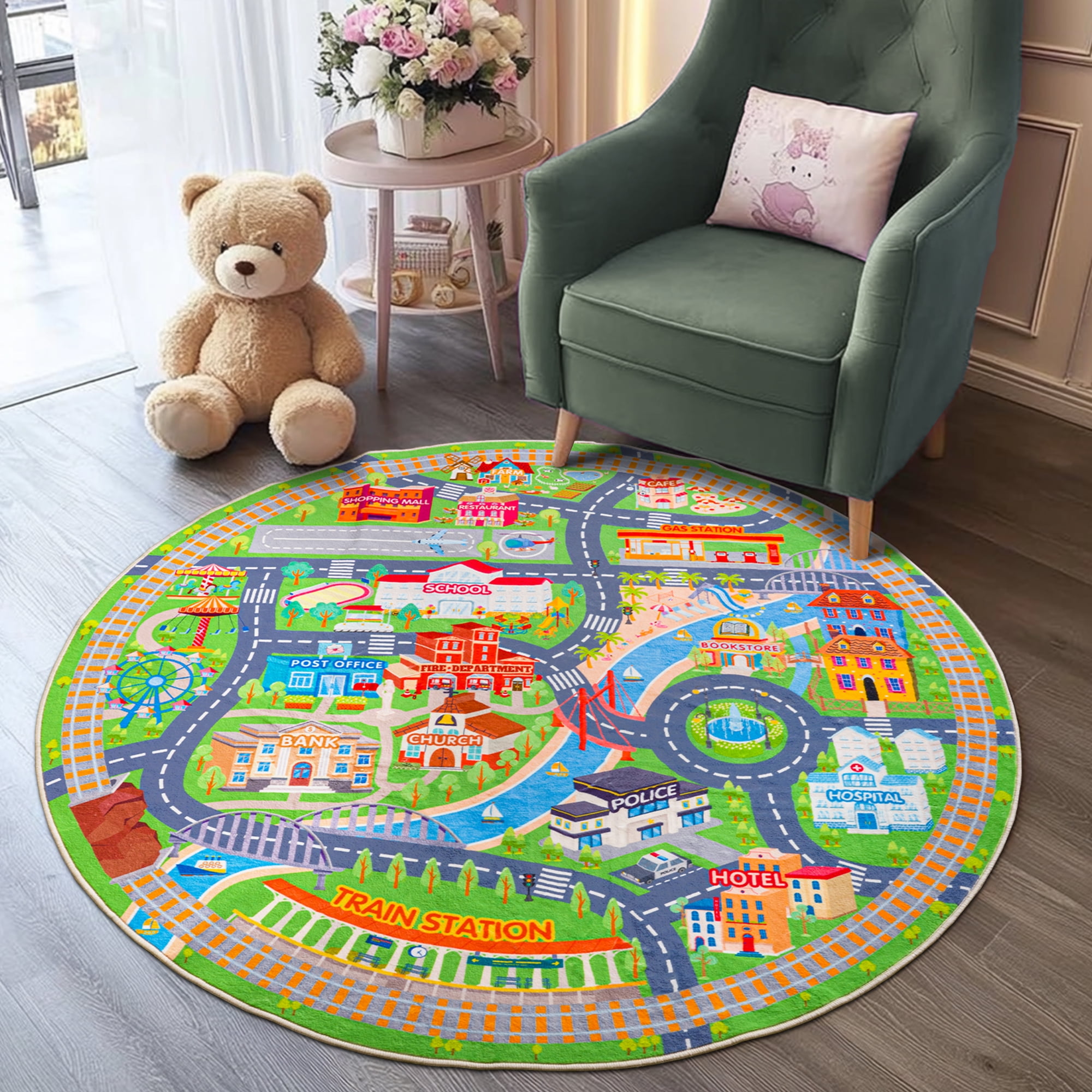 Socofuz Kids Town City Road Map Activity Round Area Rug,Circle 47 inch ...