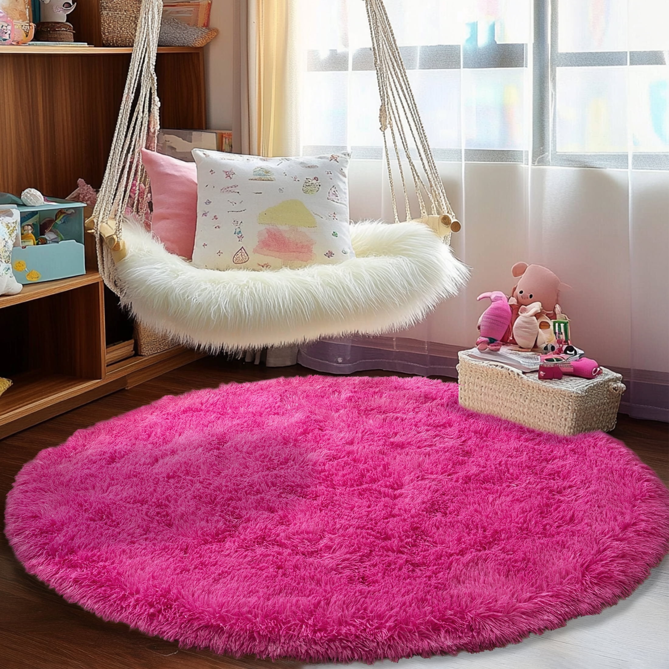 Socofuz Round Fluffy Rug, Rosy Red 5×5ft Washable Carpet - Plush Shaggy ...