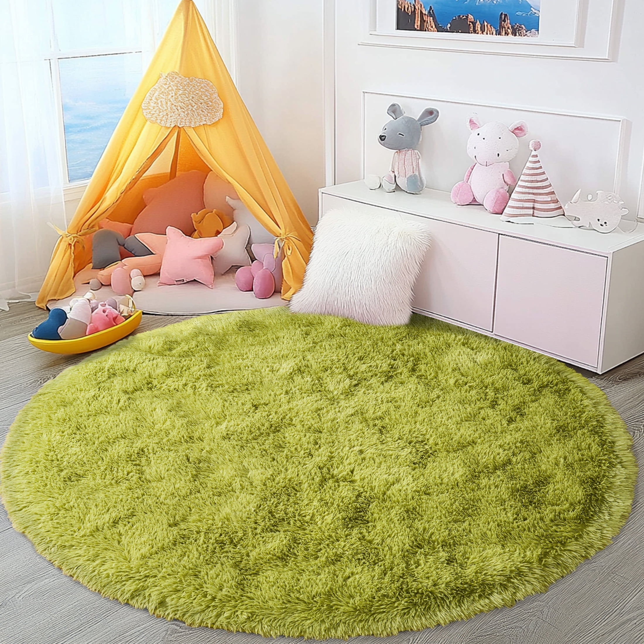Socofuz Soft Grass green Fluffy Rug for Bedroom, 6x6ft Non-Skid Modern ...