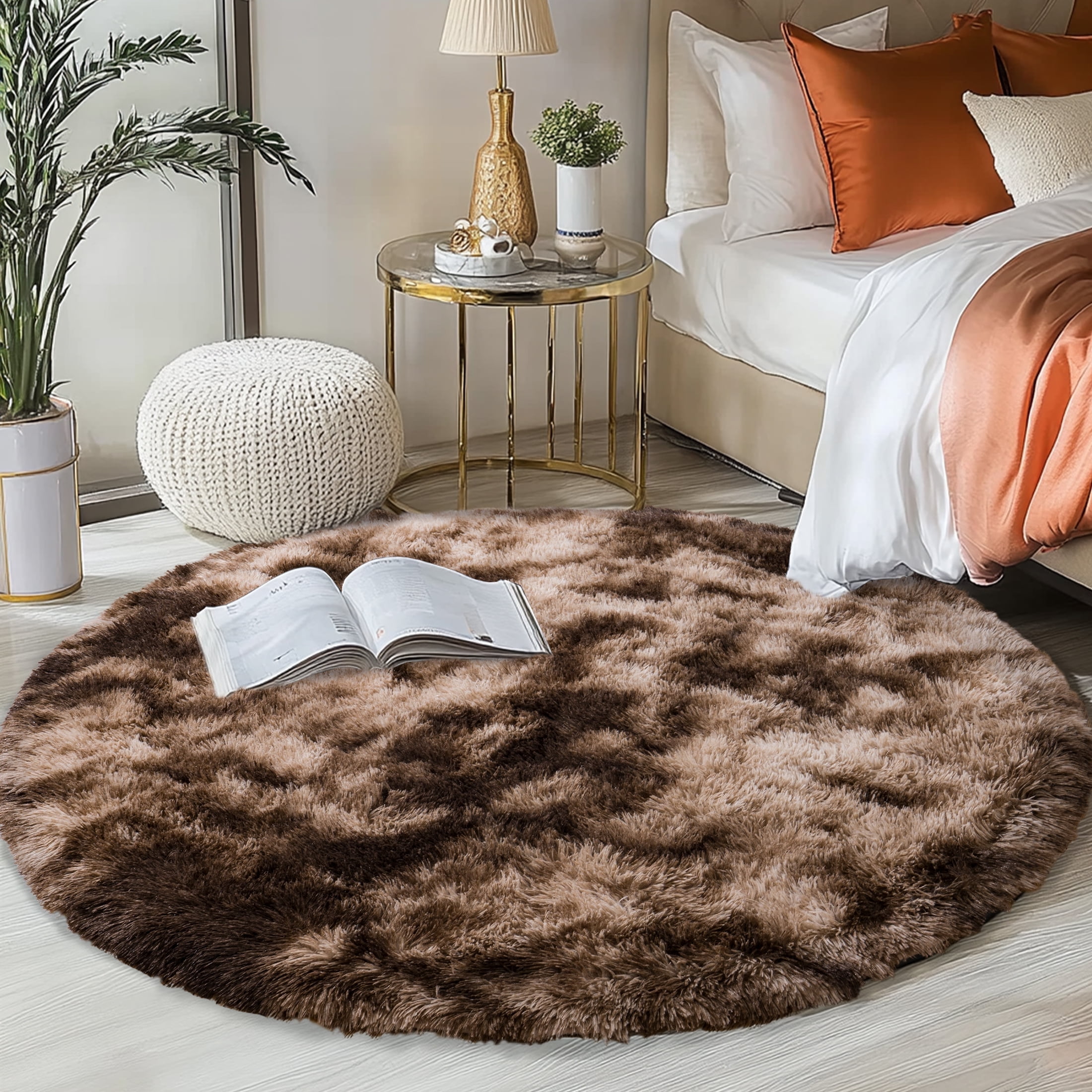 Socofuz Soft Tie-dye Brown Fluffy Rug for Bedroom, 6x6ft Anti-Skid ...