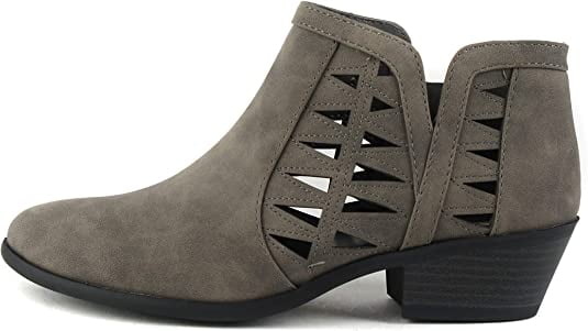 Soda Chance Grey Pu Perforated Cut Out Stacked Block Heel Ankle Booties ...