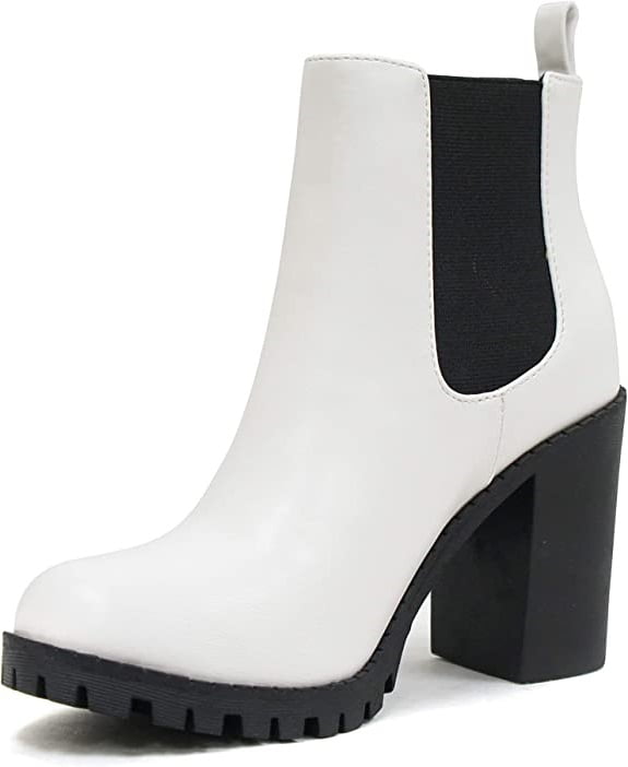 Soda Glove White Pu Lug Sole Elastic Gore Pull On Chunky Heel Ankle Boots (White Pu, 9 ...