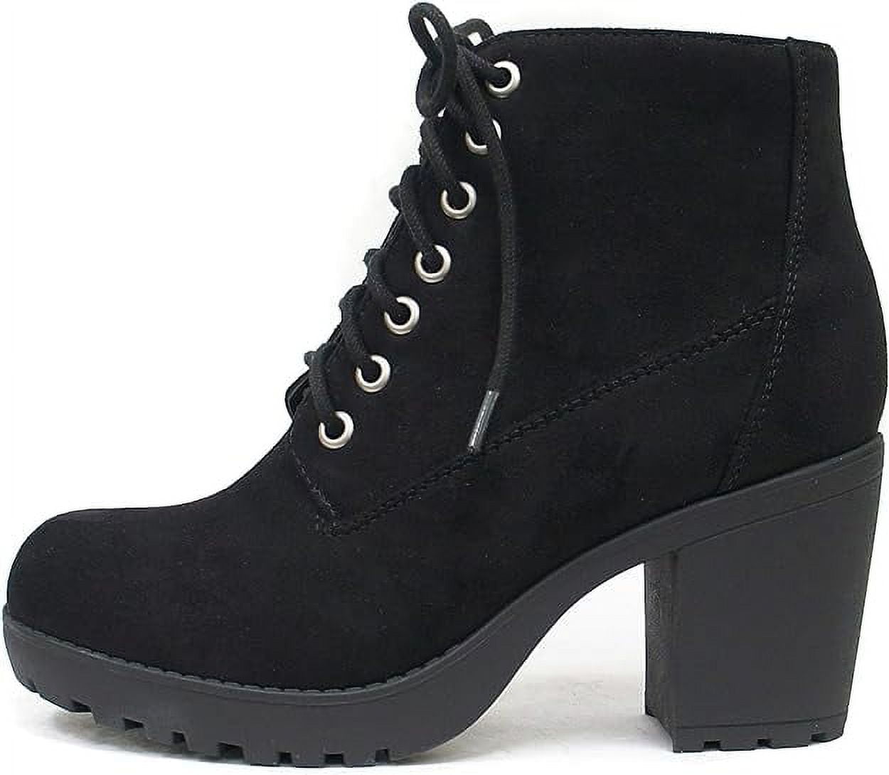 Soda Second Lug Sole Chunky Block Heel Black Suede Lace up Combat Ankle ...