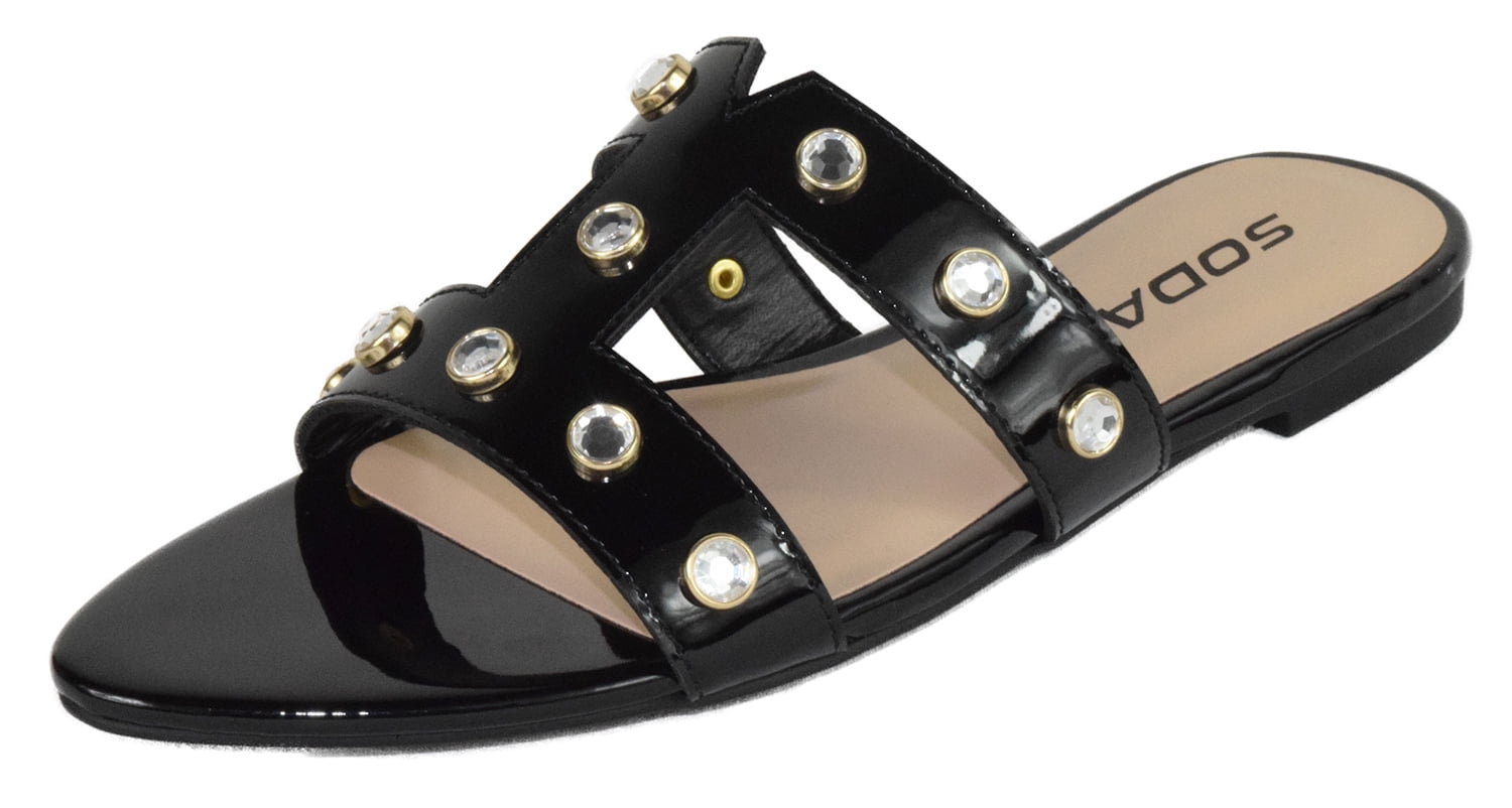 Soda Shoes Women's Sandals Double Strap Slides Rhinestone Bling Studded ...