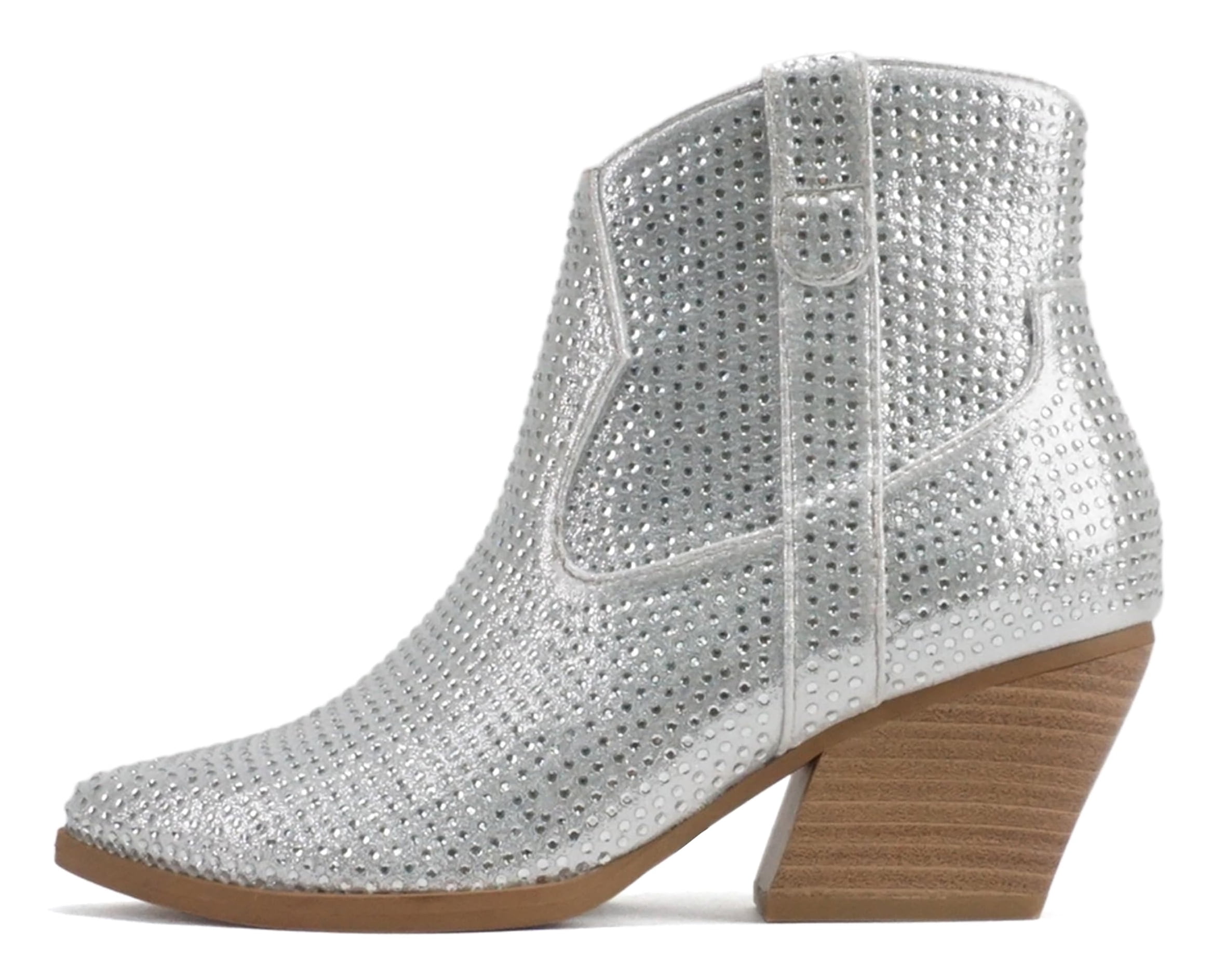 Soda Women Ankle Boots Pointed Toe Low Heel Rhinestone Bling Short ...