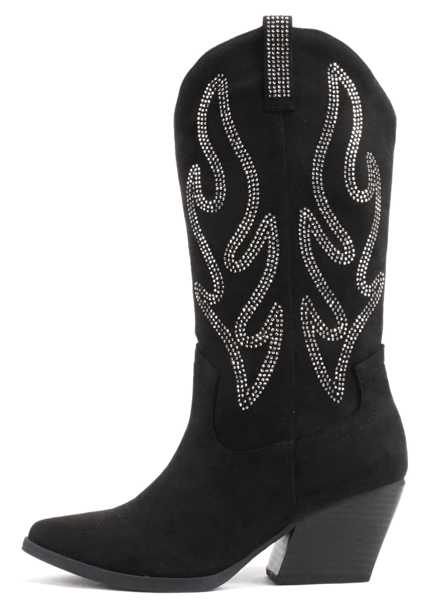 Soda Women Boots Pointed Toe Low Heel Rhinestone Bling Mid-Calf Western OZIE-S Black IMSU Suede ...