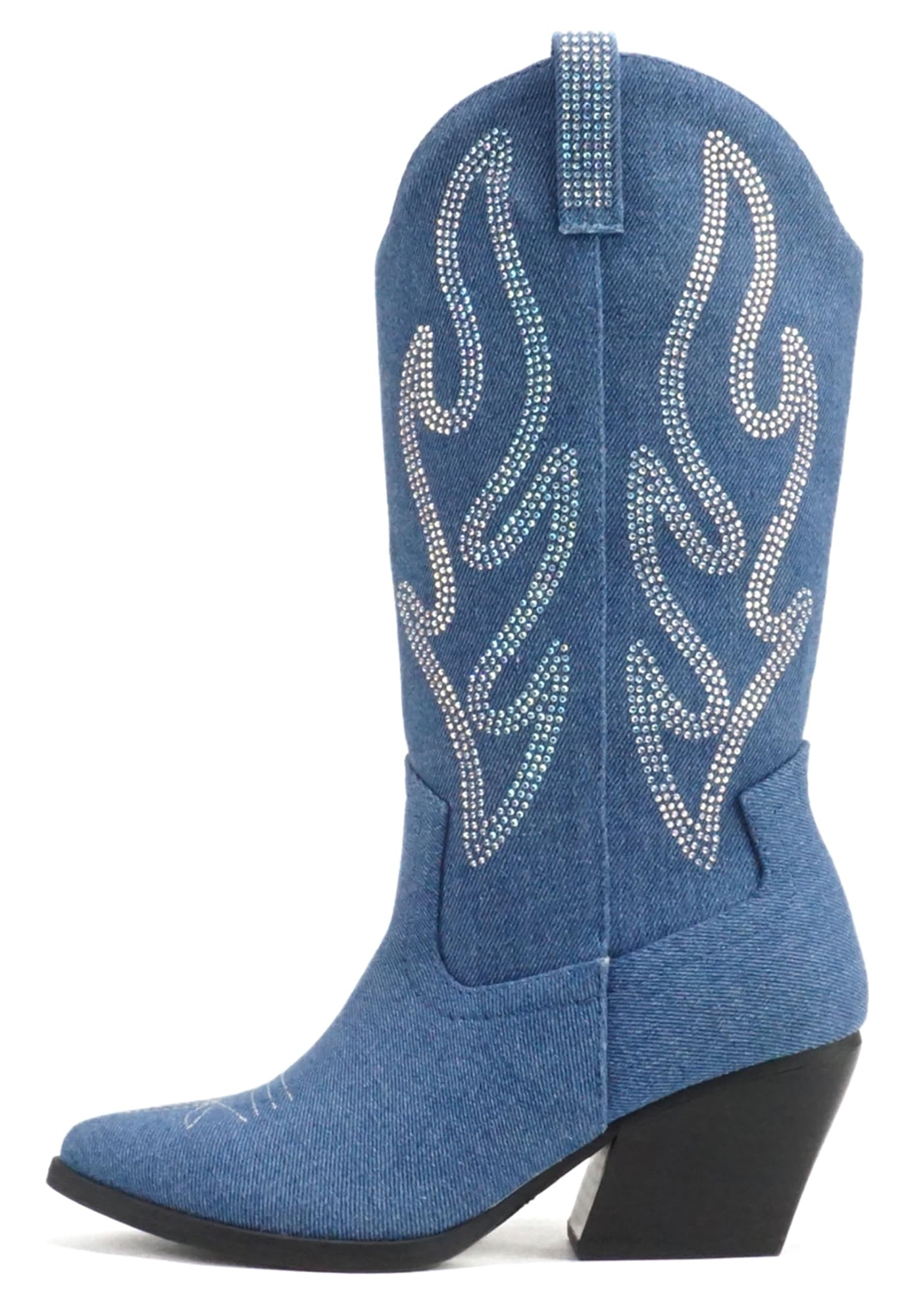 Soda Women Boots Pointed Toe Low Heel Rhinestone Bling Mid-Calf Western OZIE-S Blue Denim 5.5 ...