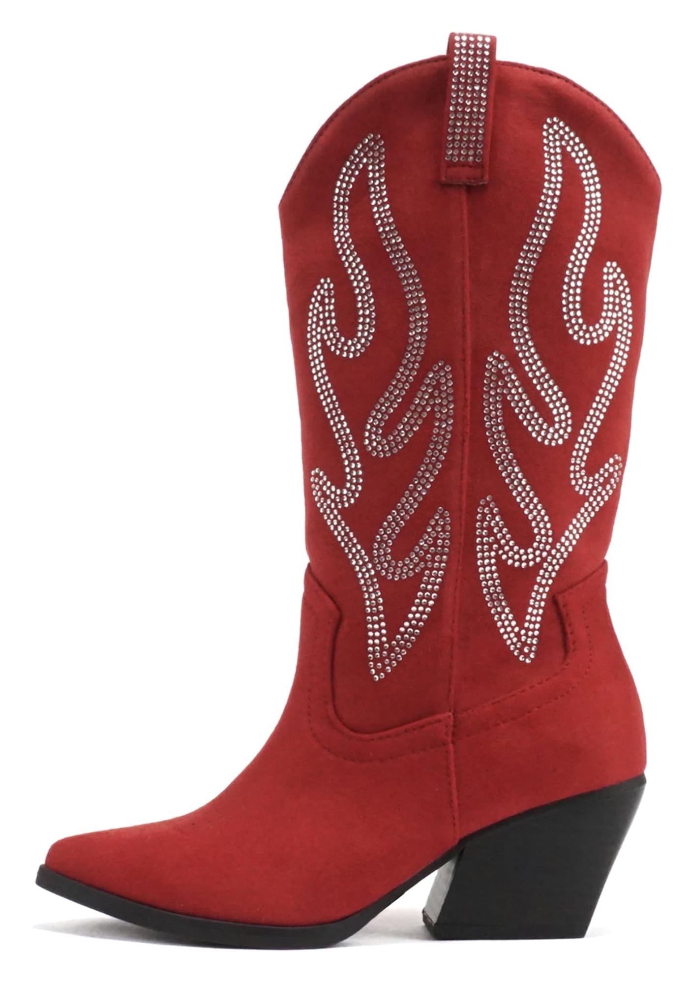 Soda Women Boots Pointed Toe Low Heel Rhinestone Bling Mid-Calf Western ...