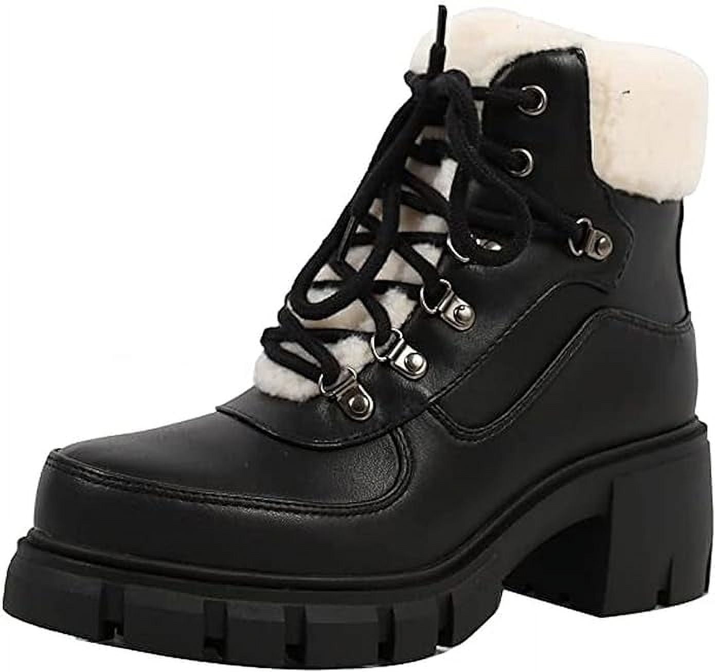 Soda Women Chunky Thick Heels Lug Sole Faux Fur Ankle Combat Boots Lace ...
