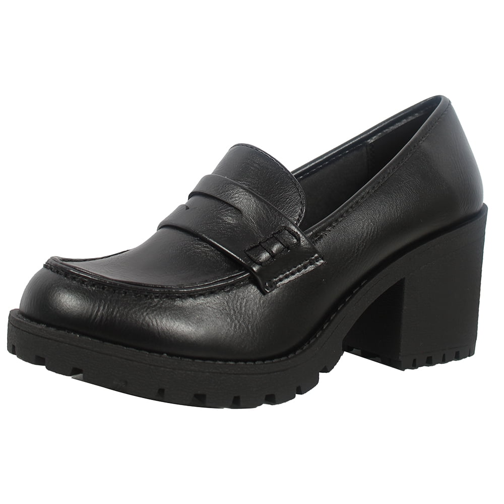 Soda Womens Faux Leather Penny Loafer Lug Heel Slip On Shoes Black