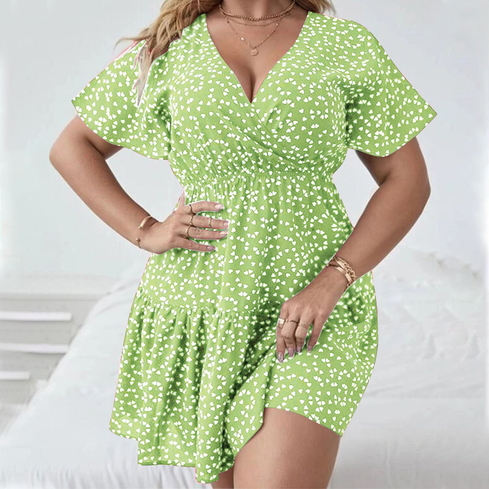 Sodopo Womens Plus Size Dress Zipper V Neck Solid Flutter Short Sleeve