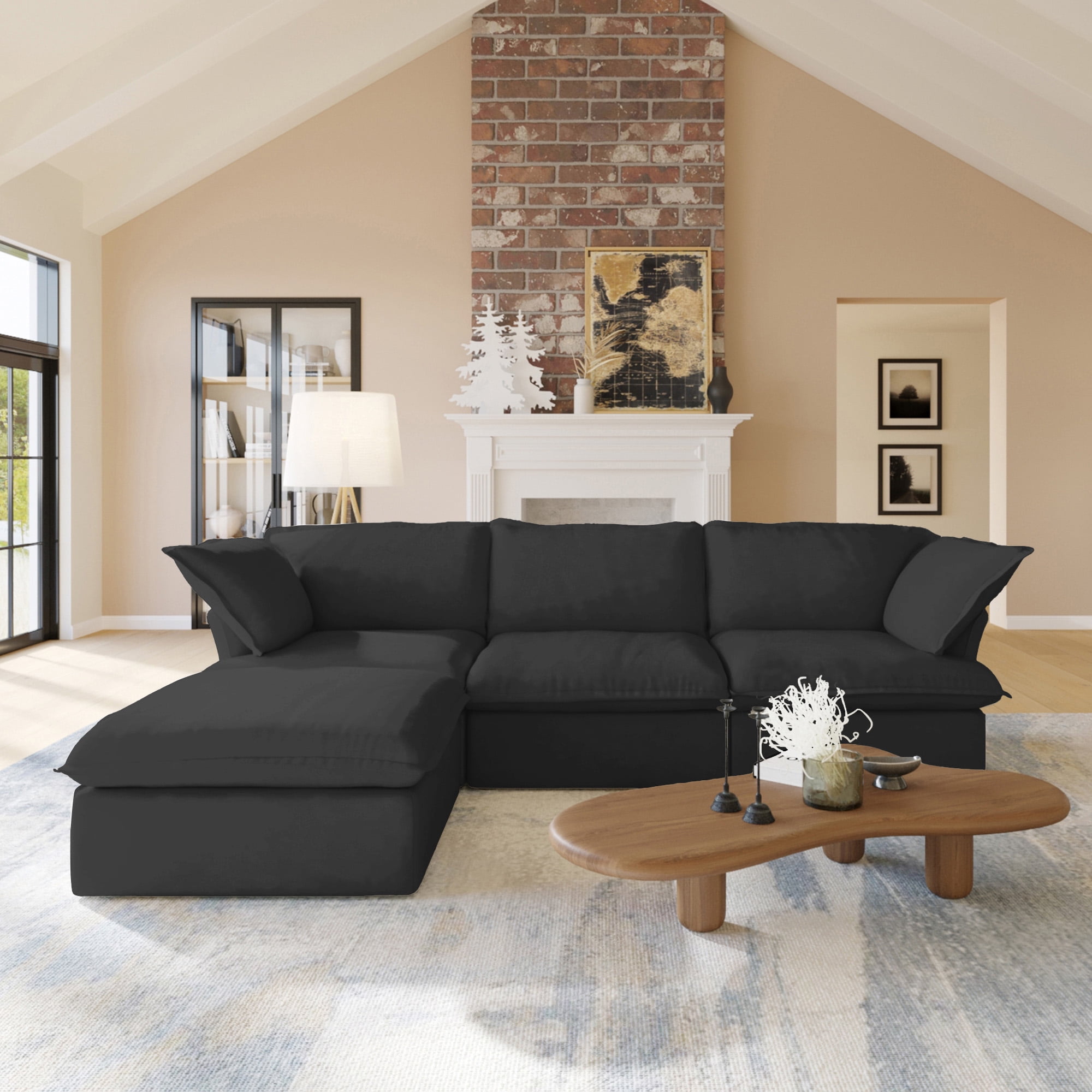 Sodrens Convertible Sectional Modular Sofa L Shaped Sofa Linen Fabric Couch Free Combination Sofa 3 Seat Sofa with One Ottoman for Living Room Black