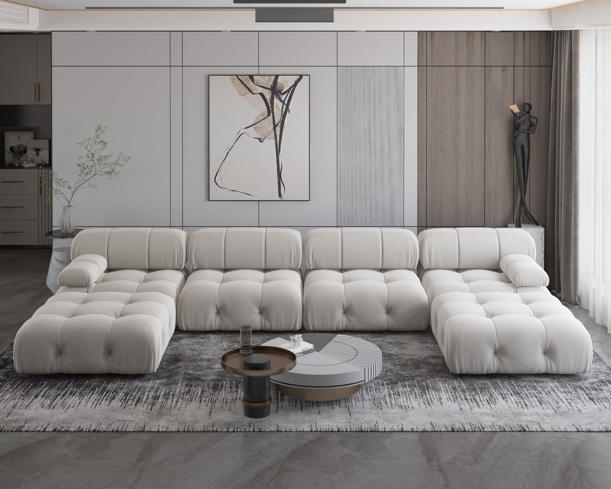 Sdorens, Sectional Sofa, Beige Velvet Modular Couch with Ottomans ...