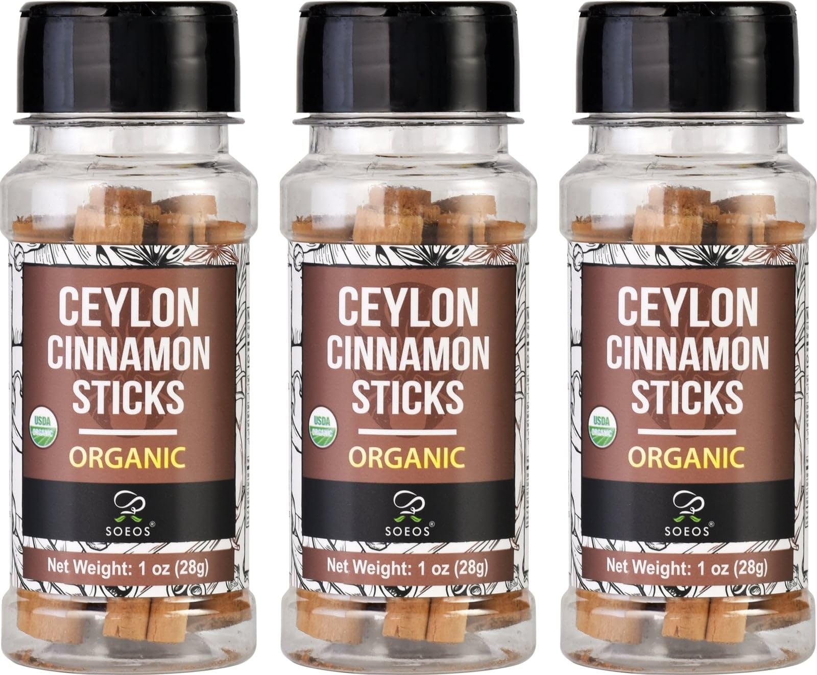 Soeos Ceylon Cinnamon Sticks ESF27 1 oz (28g) Pack of 3, Organic ...