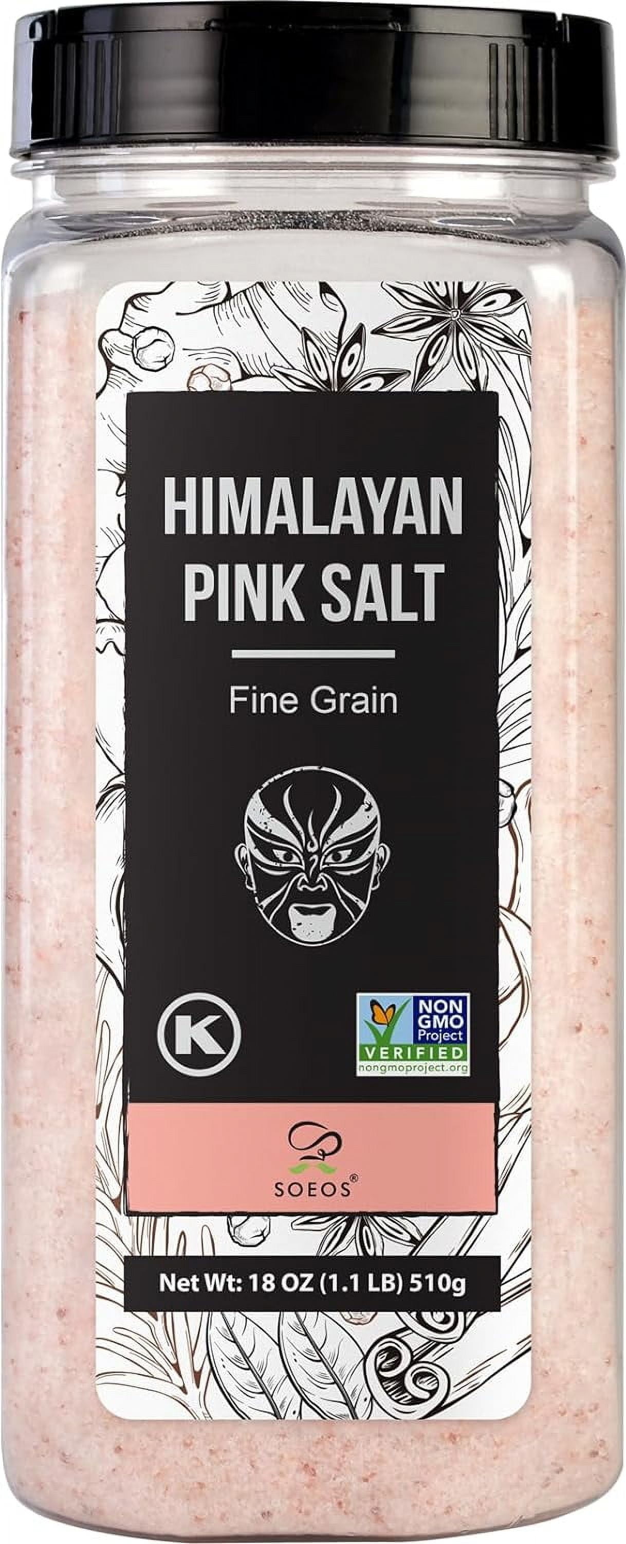 Soeos Himalayan Pink Salt 18 oz, Fine Grain, Non-GMO, Kosher, Pink Salt ...