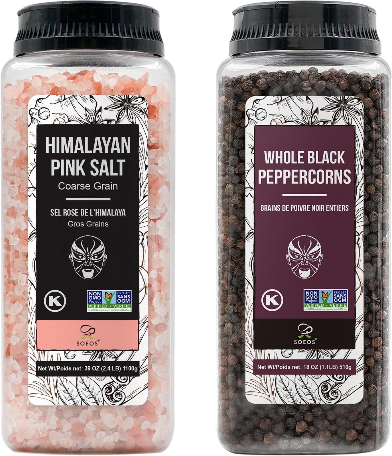 Soeos Himalayan Pink Salt BCF26 39 oz + Whole Black Peppercorns 18 oz ...