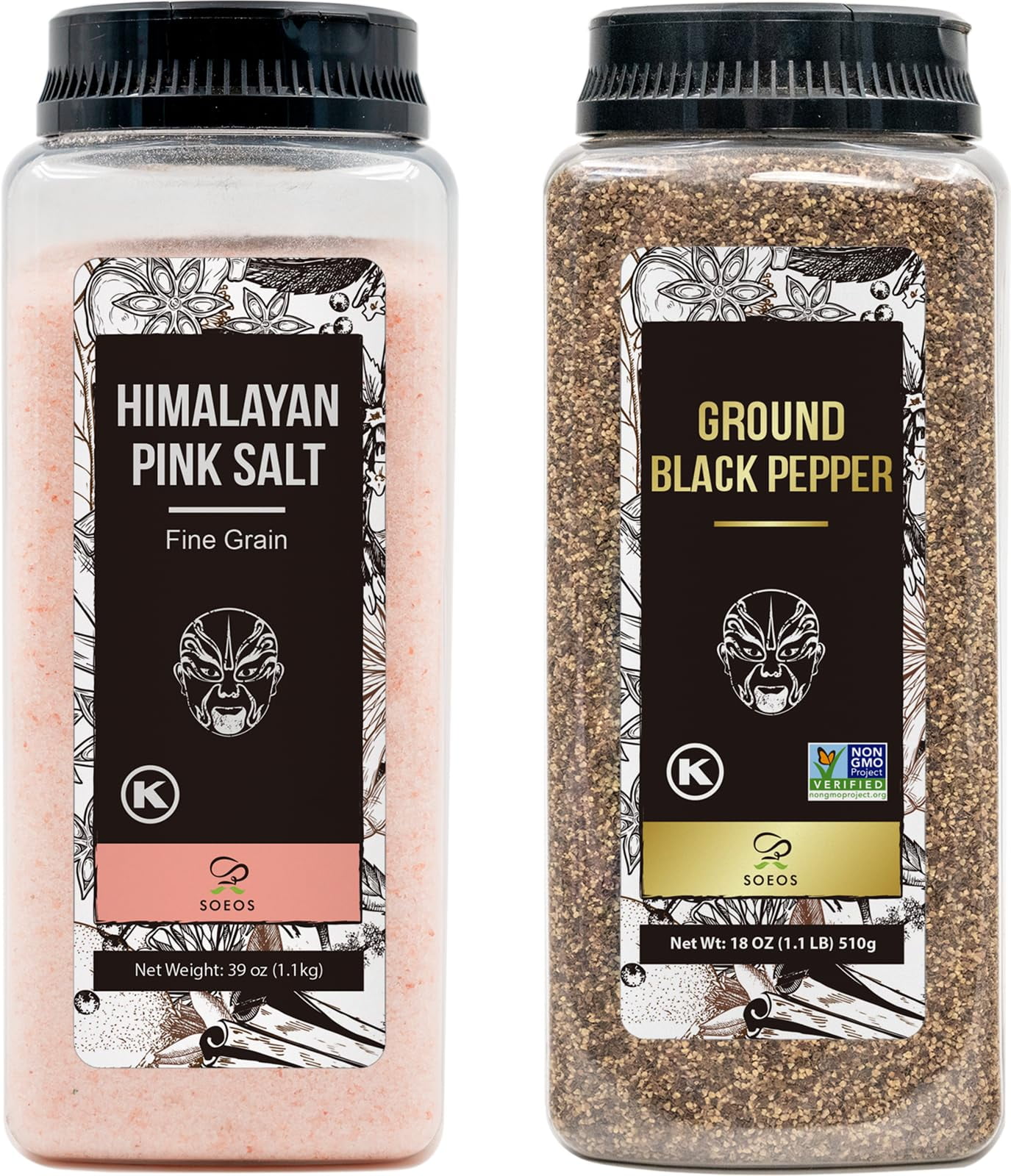 Soeos Himalayan Pink Salt MFF30 Fine 39 oz + Ground Black Peppercorns ...