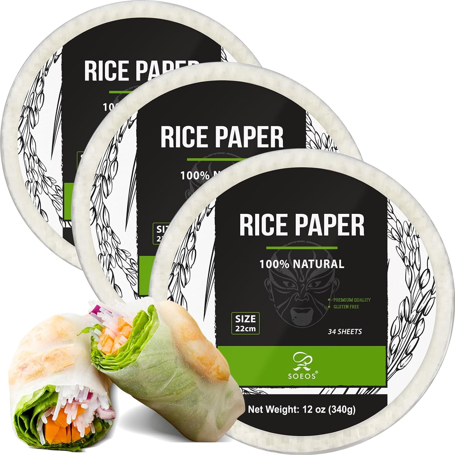 Soeos Rice Paper, 3 Pack, 34 Sheets, 22cm Round, Fresh Spring Rolls ...