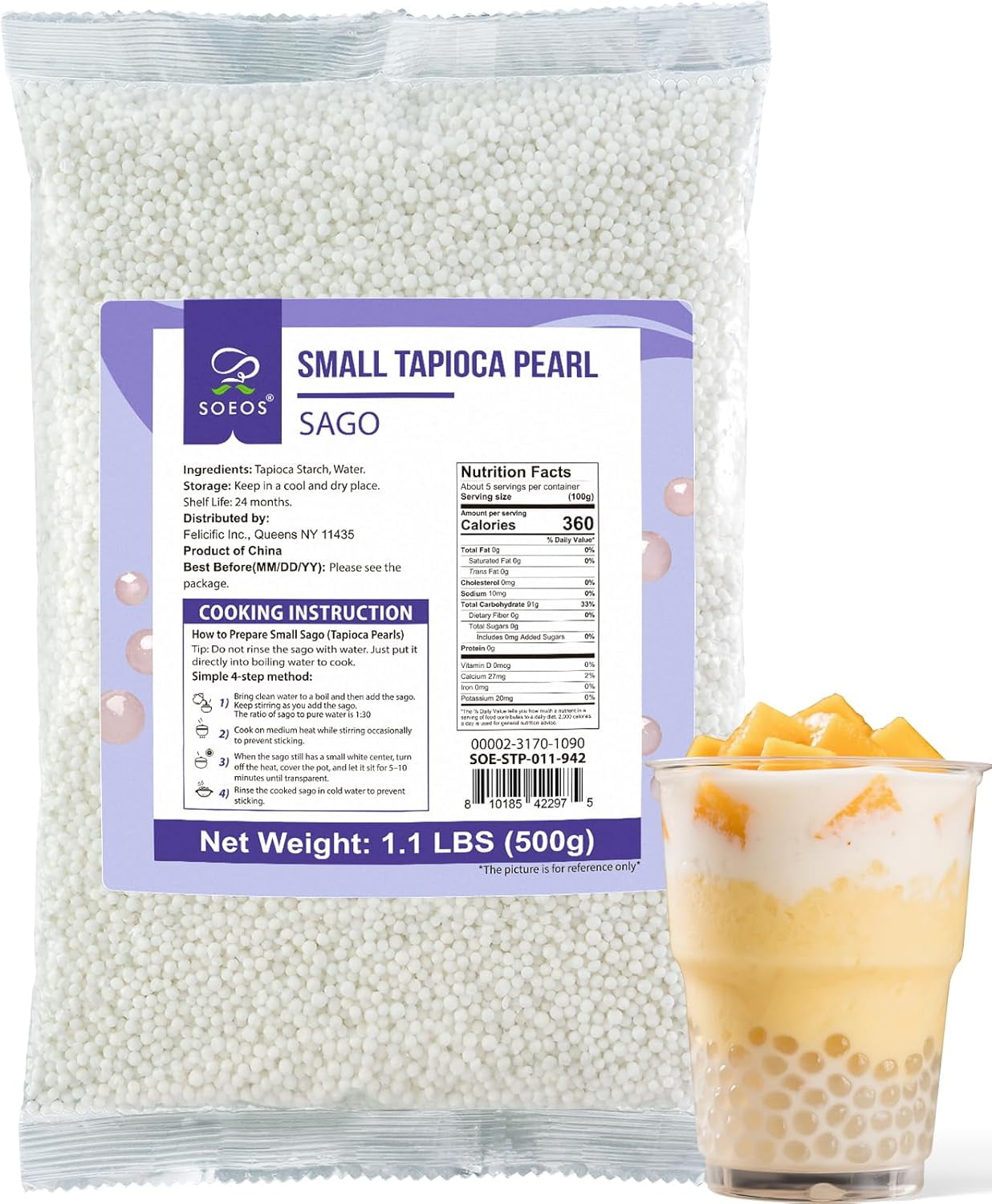 Soeos Sago Tapioca Pearls, 1.1 lbs (500g), Tapioca Balls for Asian ...