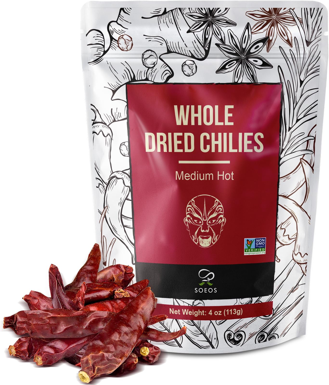 Soeos Whole Dried Chili 4Oz, Medium Spicy, Natural And Premium, Great ...
