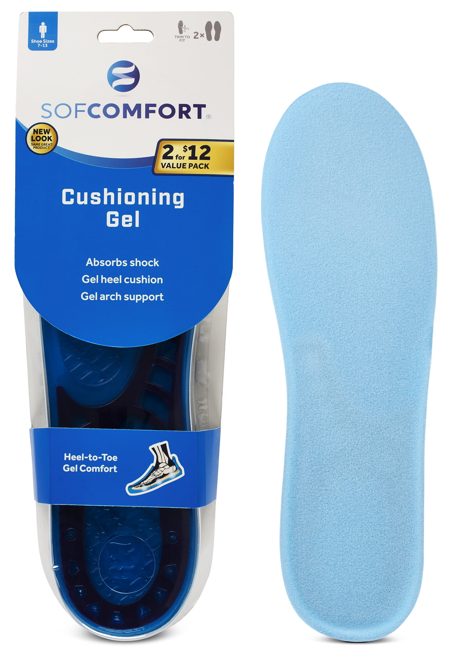 Sof Comfort Cushioning Gel Insole 2-Pack, Men's Size 7-13, Trim-to-Fit - Walmart.com