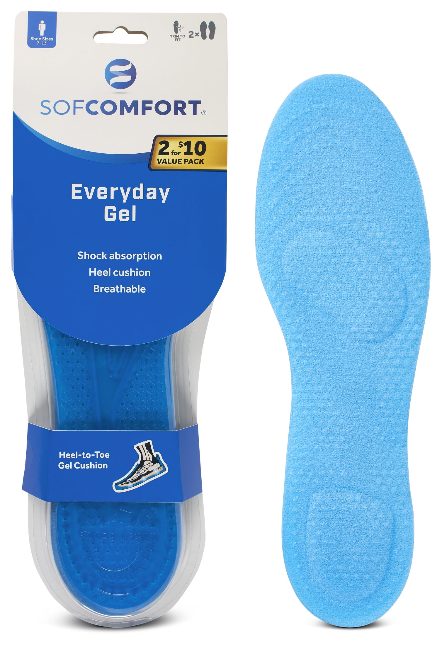 Sof Comfort Everyday Gel Men's Insole Value 2-Pack Size 7-13, Trim-to-Fit - Walmart.com