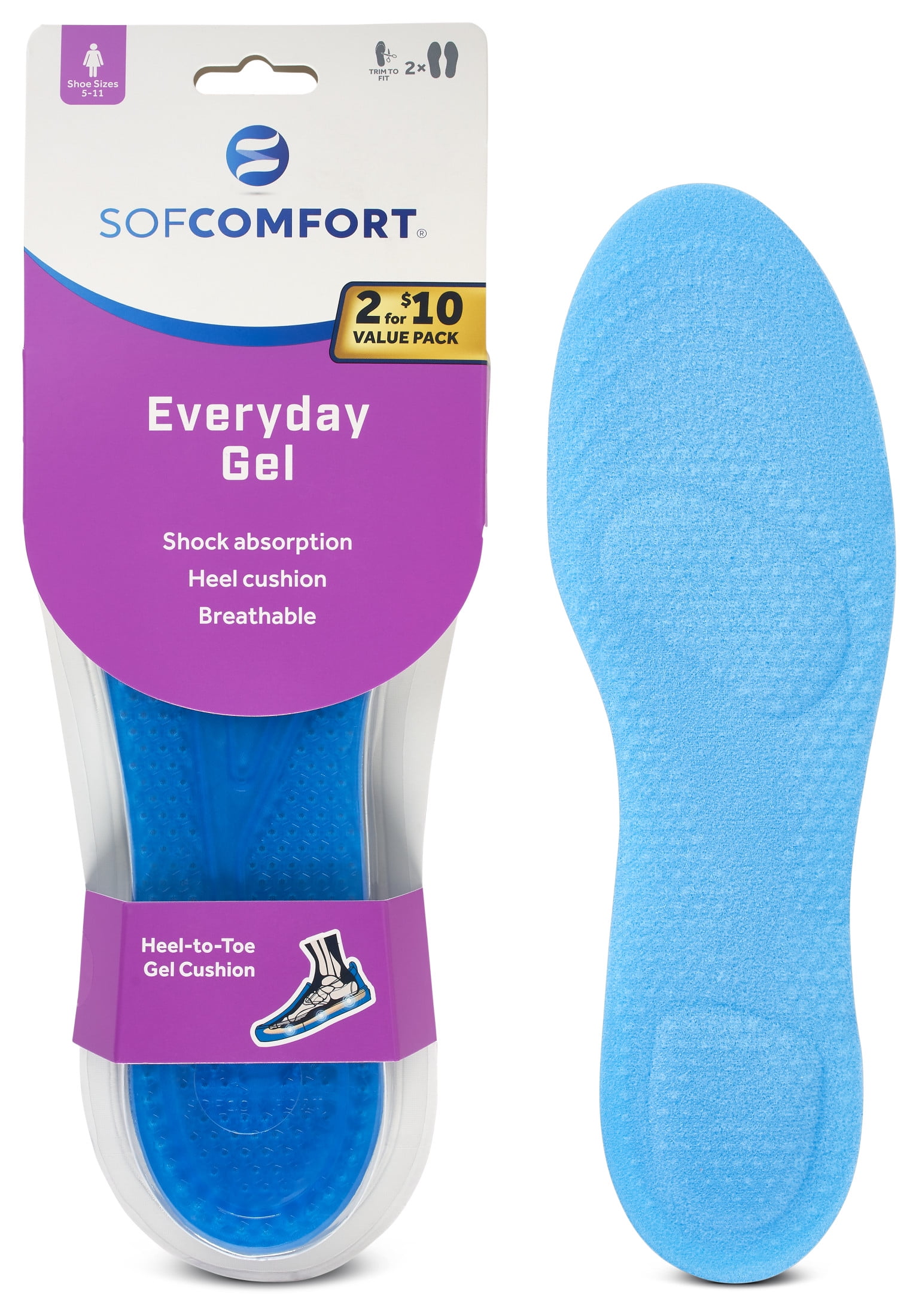 Sof Comfort Everyday Gel Women's Insole 2-Pack, Size 5-11, Trim-to-Fit ...