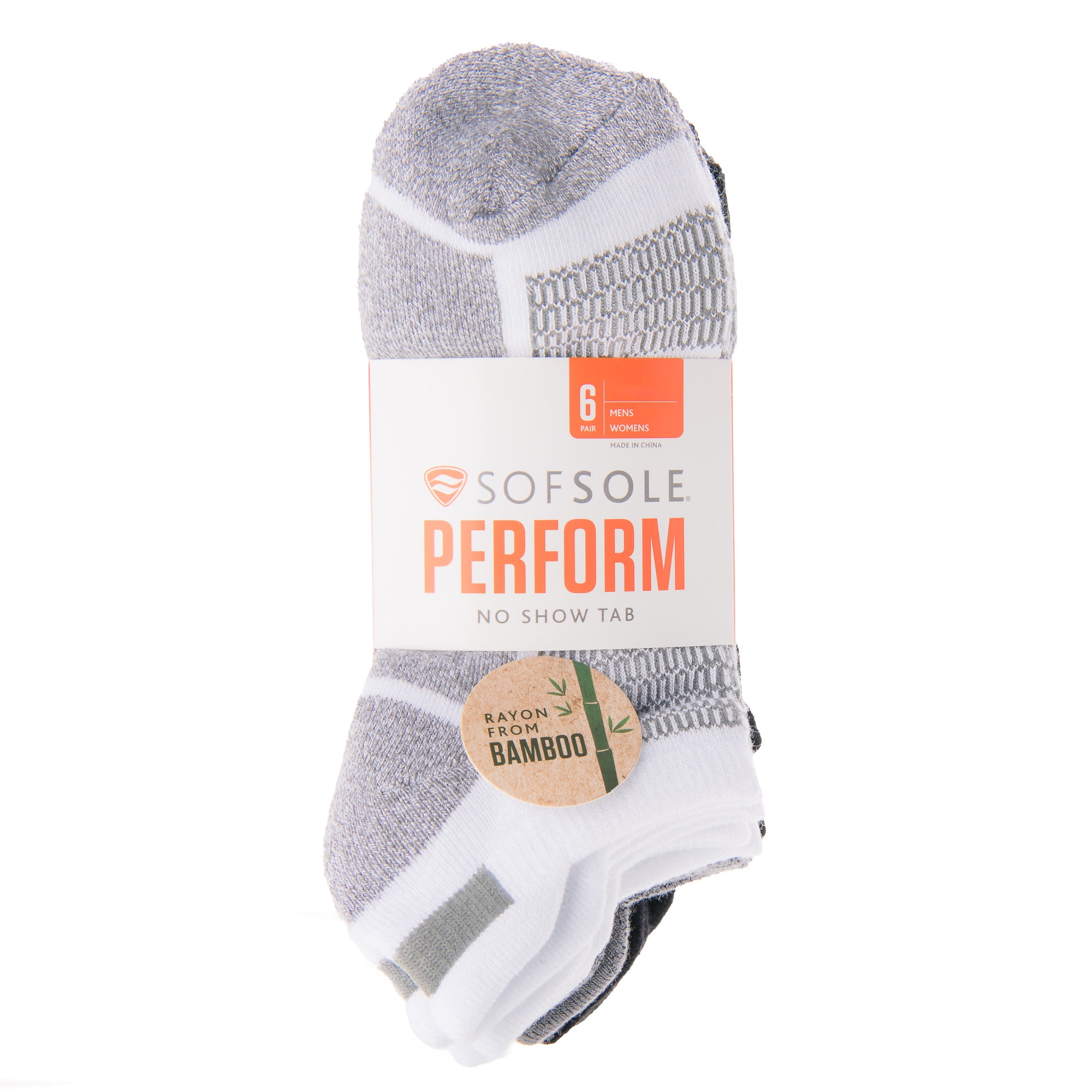 Sof Sole Bamboo No Show Tab Performance Socks, White/Gray/Black, Medium ...