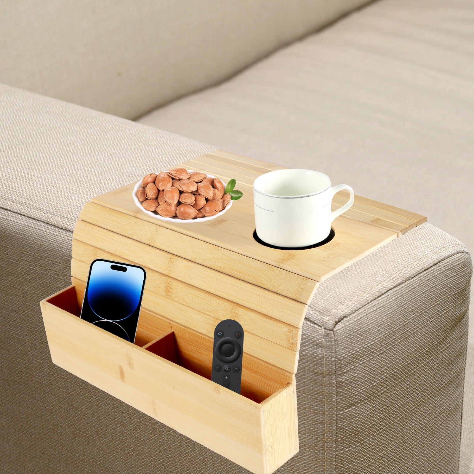 Sofa Arm Tray Bamboo Couch Arm Tray with Basket Foldable Armrest Tray ...