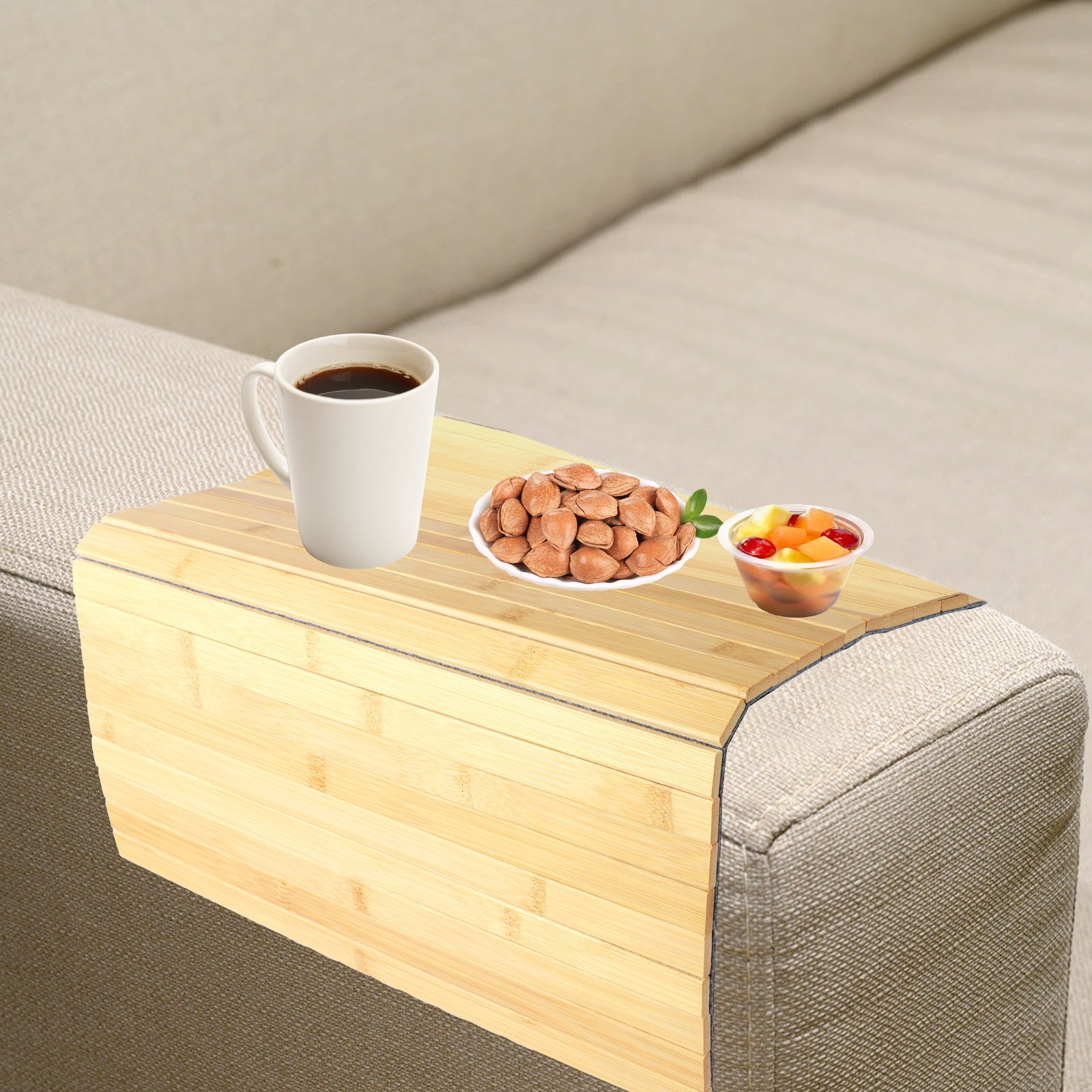 Sofa Arm Tray Bamboo Couch Arm Tray with Basket Foldable Armrest Tray ...