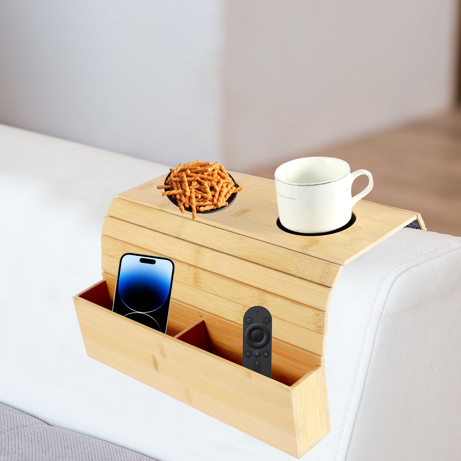 Sofa Arm Tray Bamboo Couch Arm Tray with Basket Foldable Armrest Tray ...