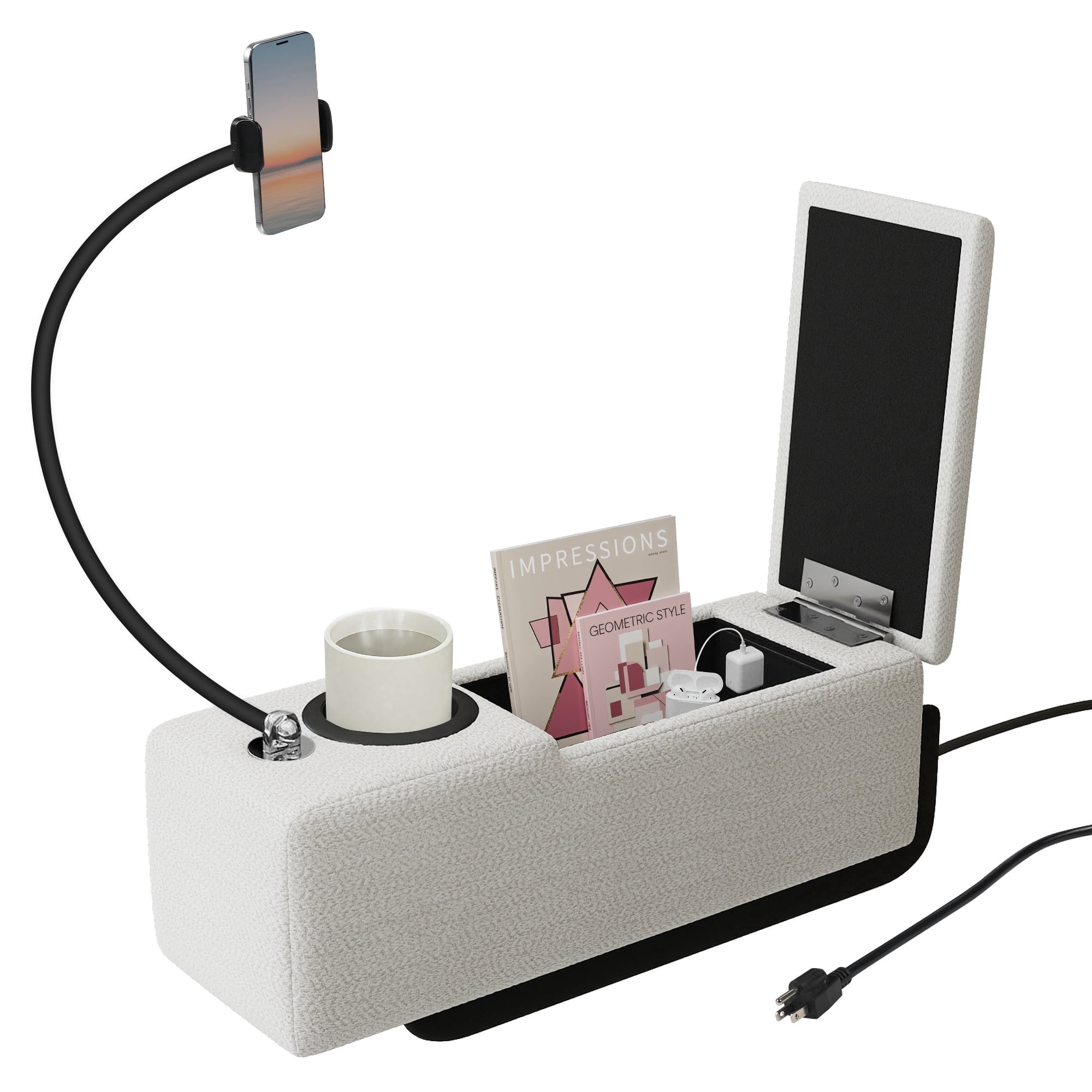 SUMGAR White Chenille Sofa Armrest Organizer with Cup Holder Tray, 20.3 ...