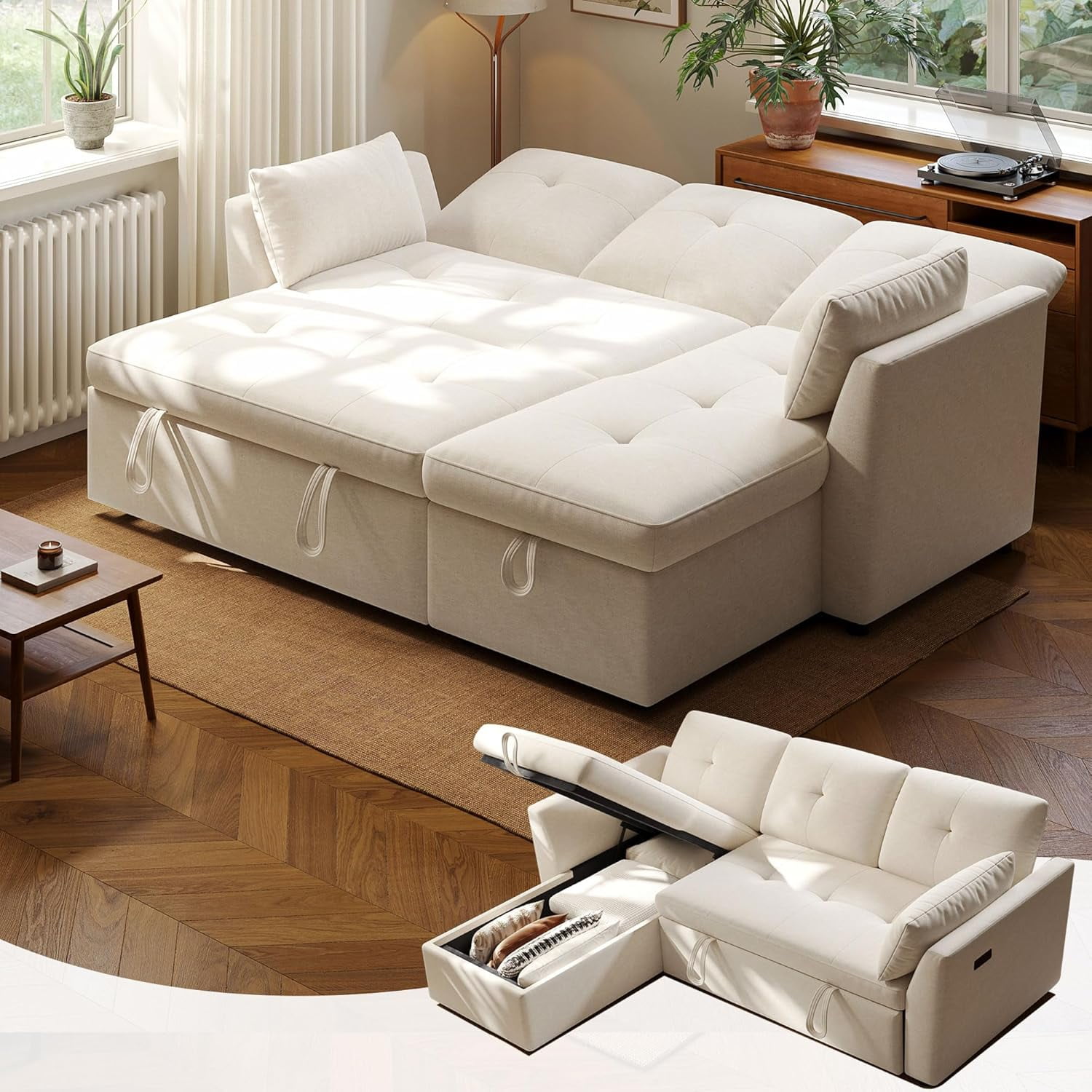 Sofa Bed 3 in 1 with Storage Chaise & USB Charging, Akaber 82" Pull Out ...