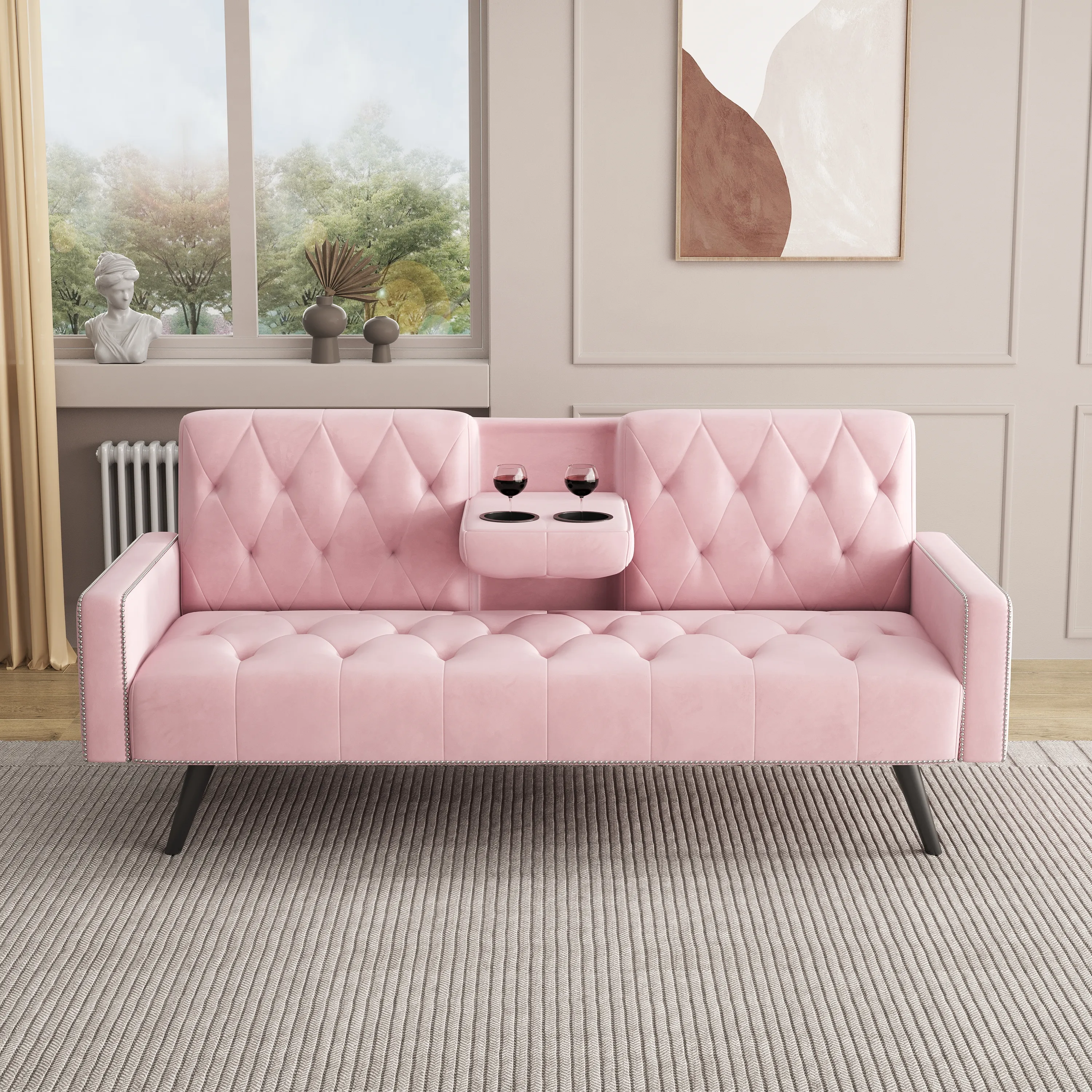 Sofa Bed Armrest with Nail Head Trim with Two Cup Holders 72" Pink ...