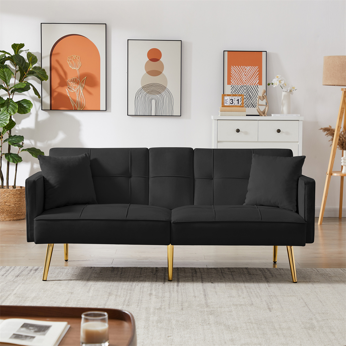 Sofa Bed, Convertible Futon Sofa Bed with 2 Cup Holders, Modern Tufted ...