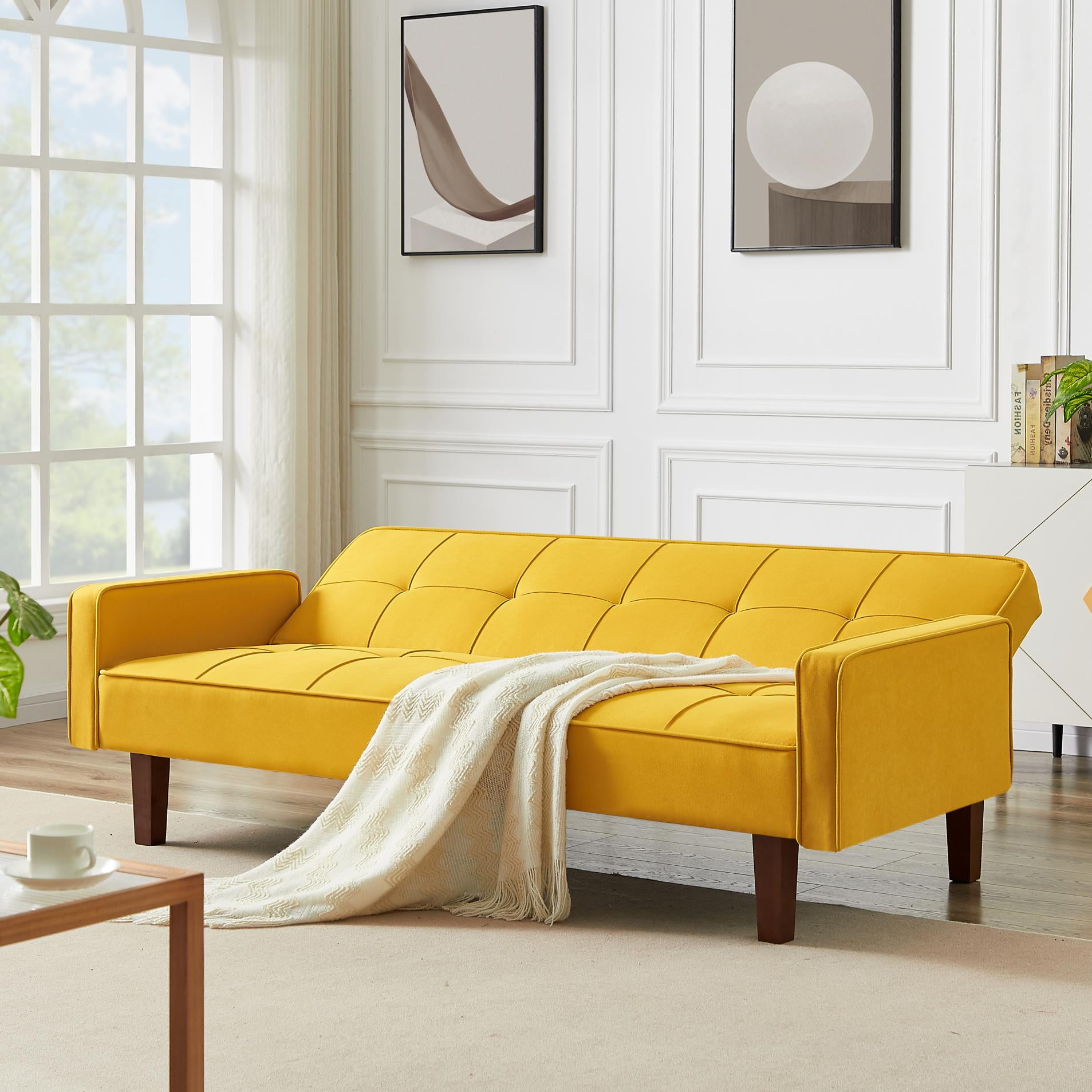 Sofa Bed, Convertible Sleeper Sofa with Arms and Solid Wood Legs ...