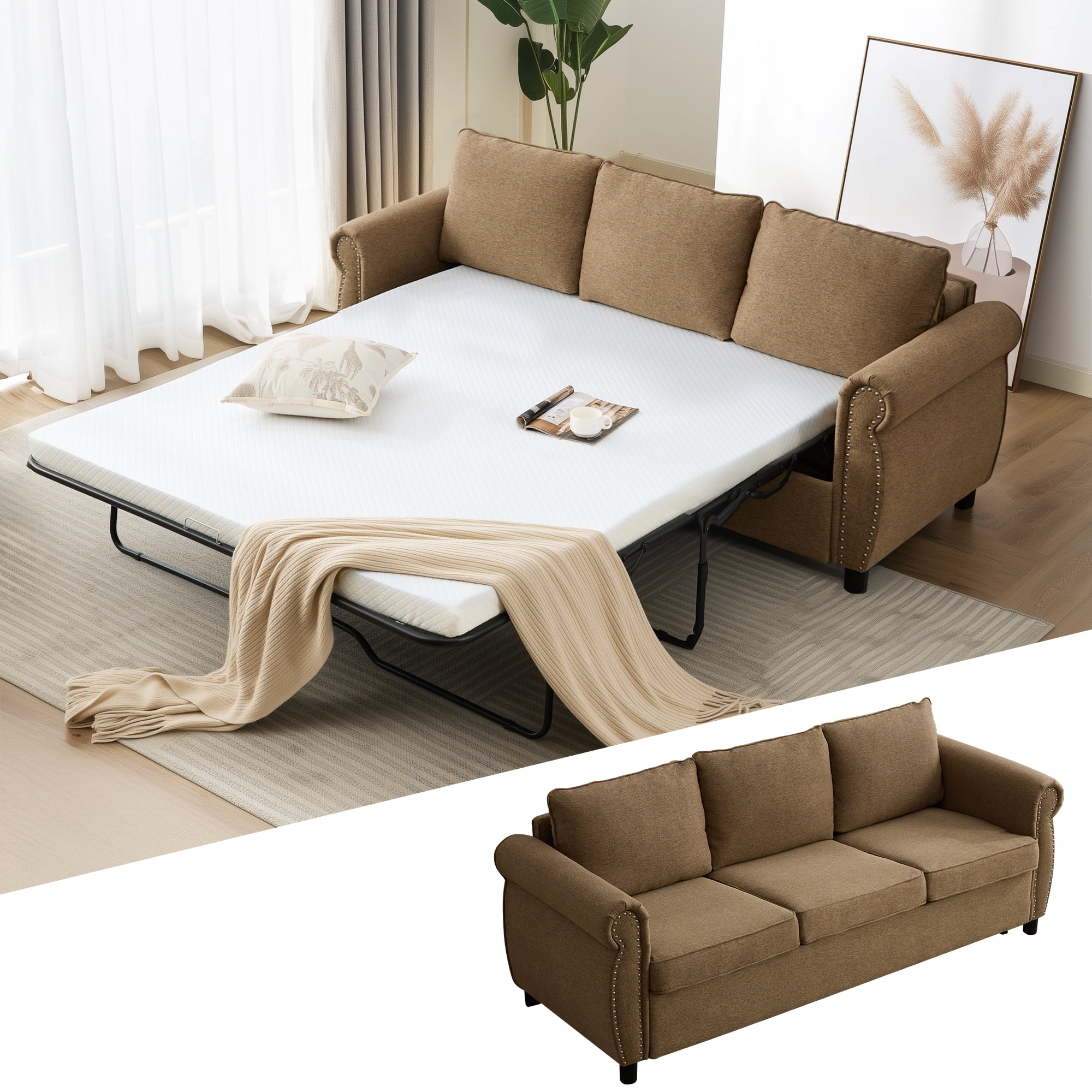 Sofa Bed Queen Sleeper Sofa Couch with Pullout Bed Brown Couch 3 Seater Modern Convertible Comfy ...