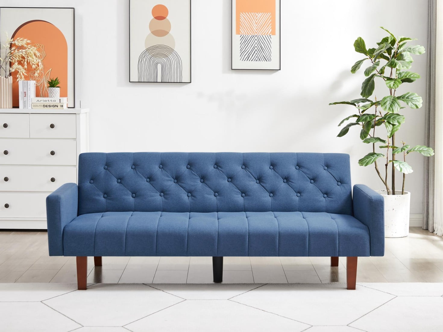 Sofa Bed with Solid Eucalyptus Wood Frame, Modern Linen Sofa with ...