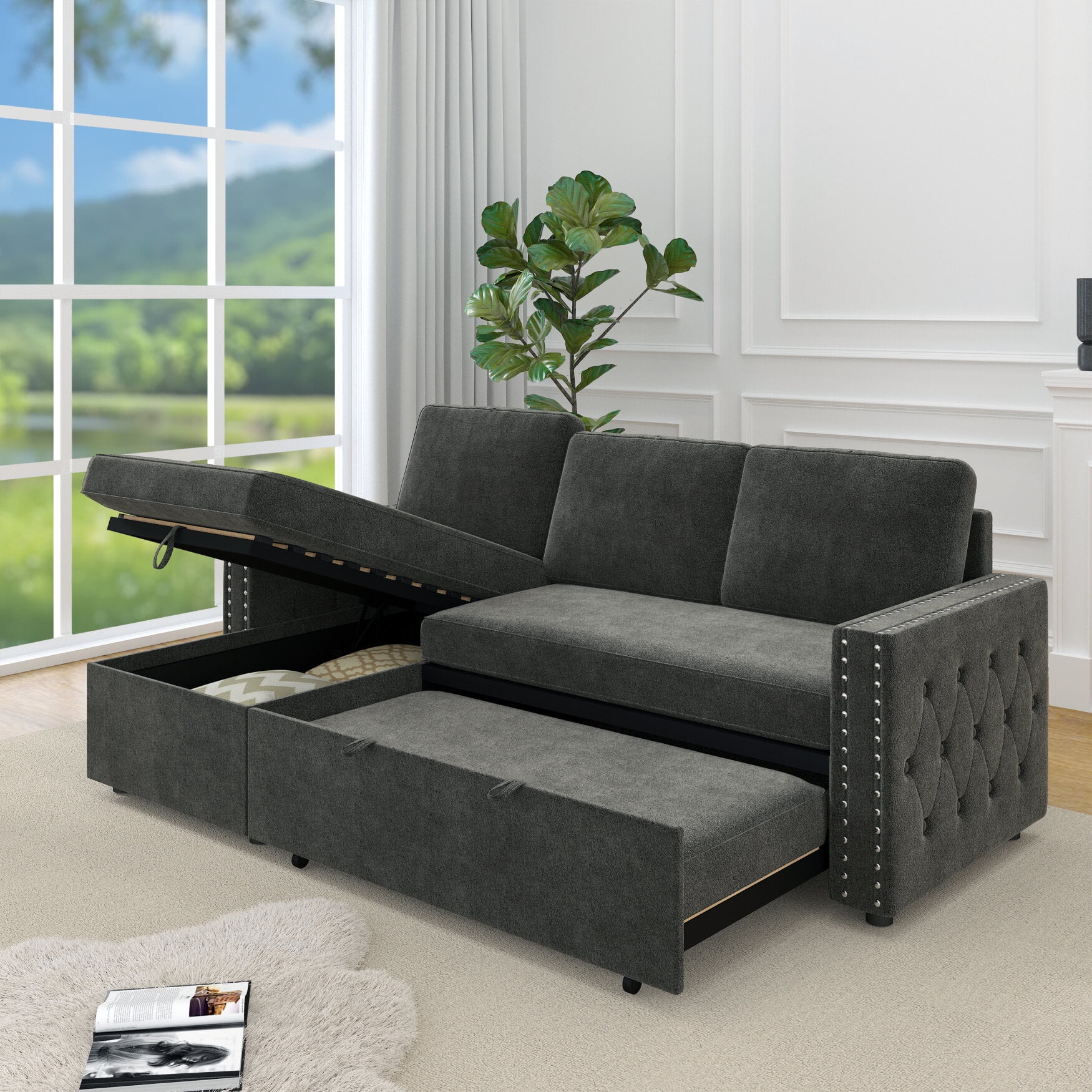 Sofa Bed with Storage Chaise, Modern Chenille Fabric Pull Out Couch ...