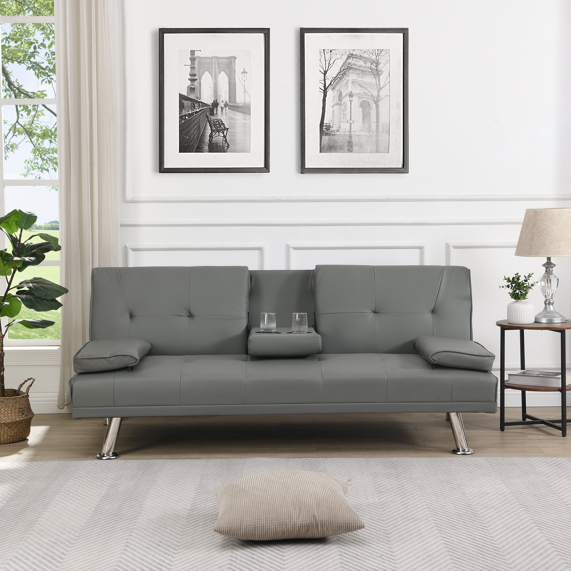 "Convertible Sofa Bed with Armrests & Cup Holders, Wood Frame ...