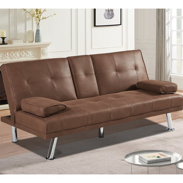 Sofa, Convertible Leather Sofa Bed, Lie Function Sleeper Sofa with Cup ...