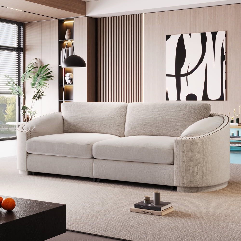 Sofa Couch with Semilunar Arm, Solid Wood Frame Rivet Finish Modern ...