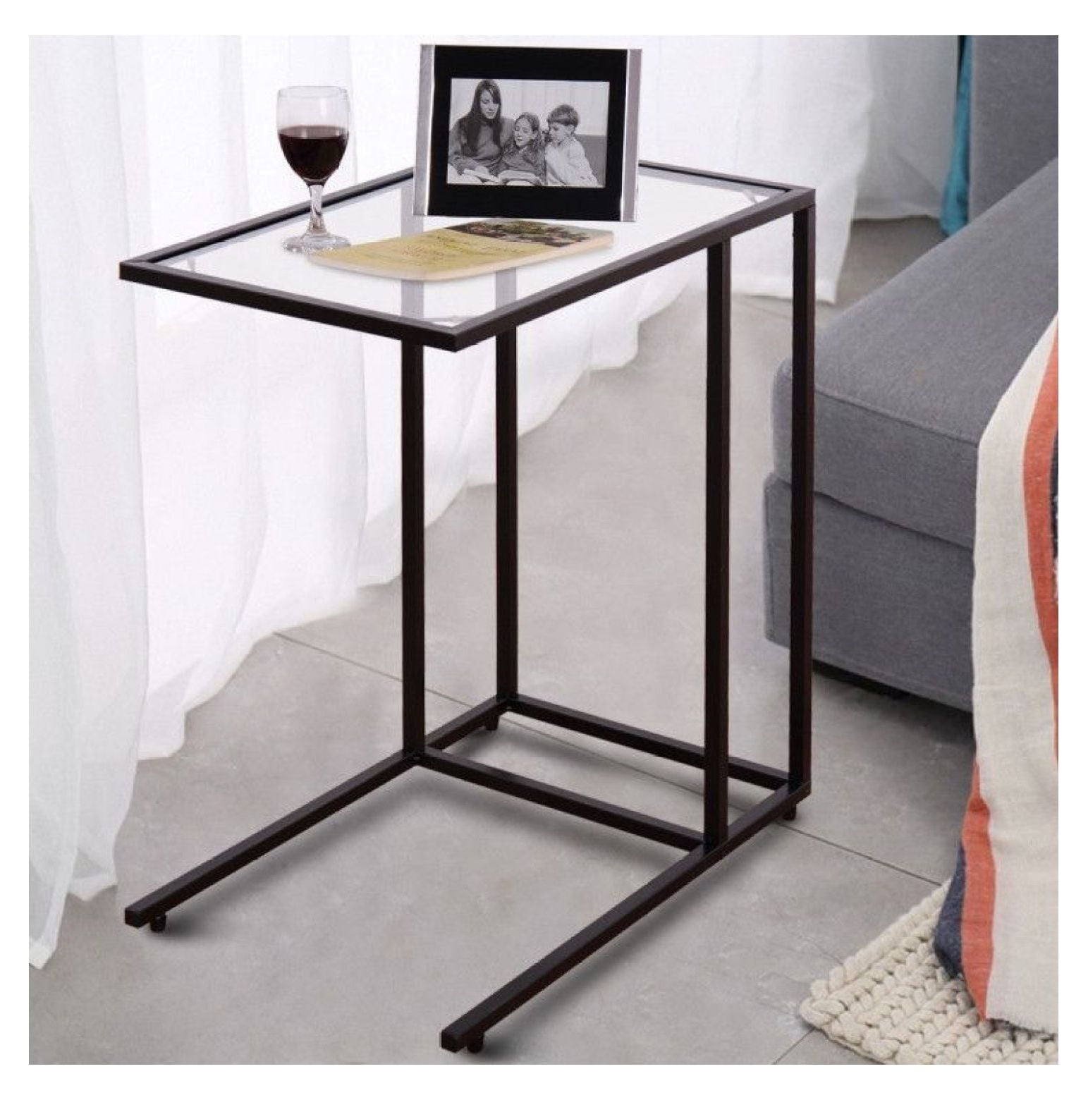 Sofa End Table, Coffee Side Table with Glass Top - Steel Frame Living ...