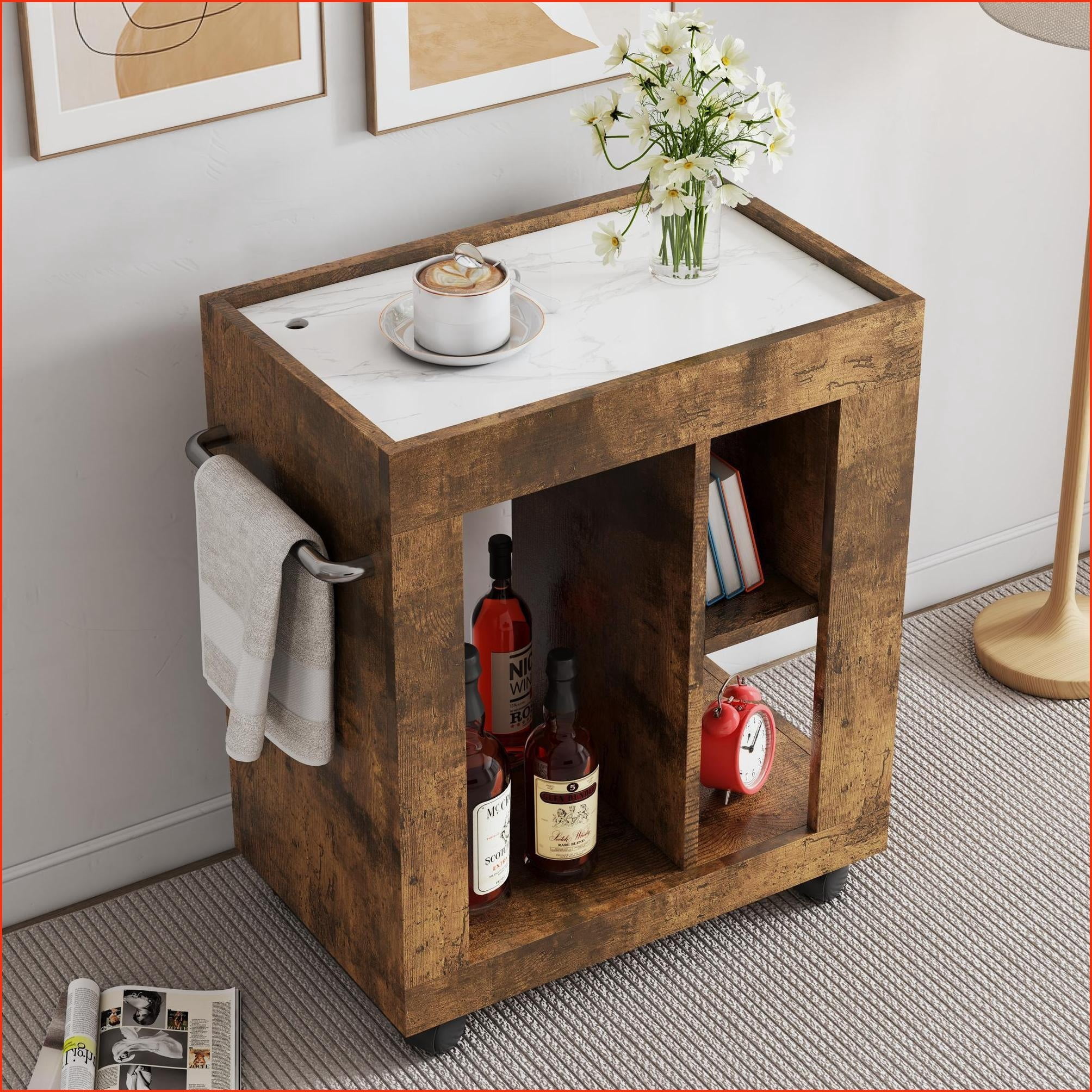 Sofa Side Storage Cart, Mid-Century Modern Movable Shelf | Walnut Brown ...