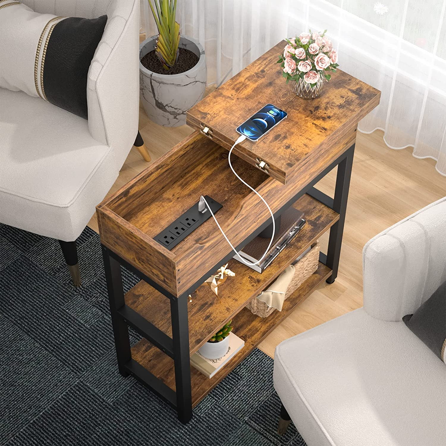Sofa Side Table with USB Ports and Outlets, Narrow End Table with ...