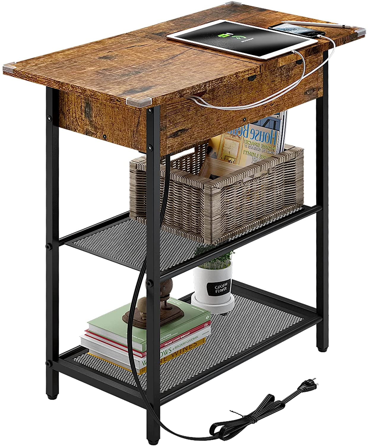 Sofa Side Table with USB Ports and Outlets, Narrow End Table with ...